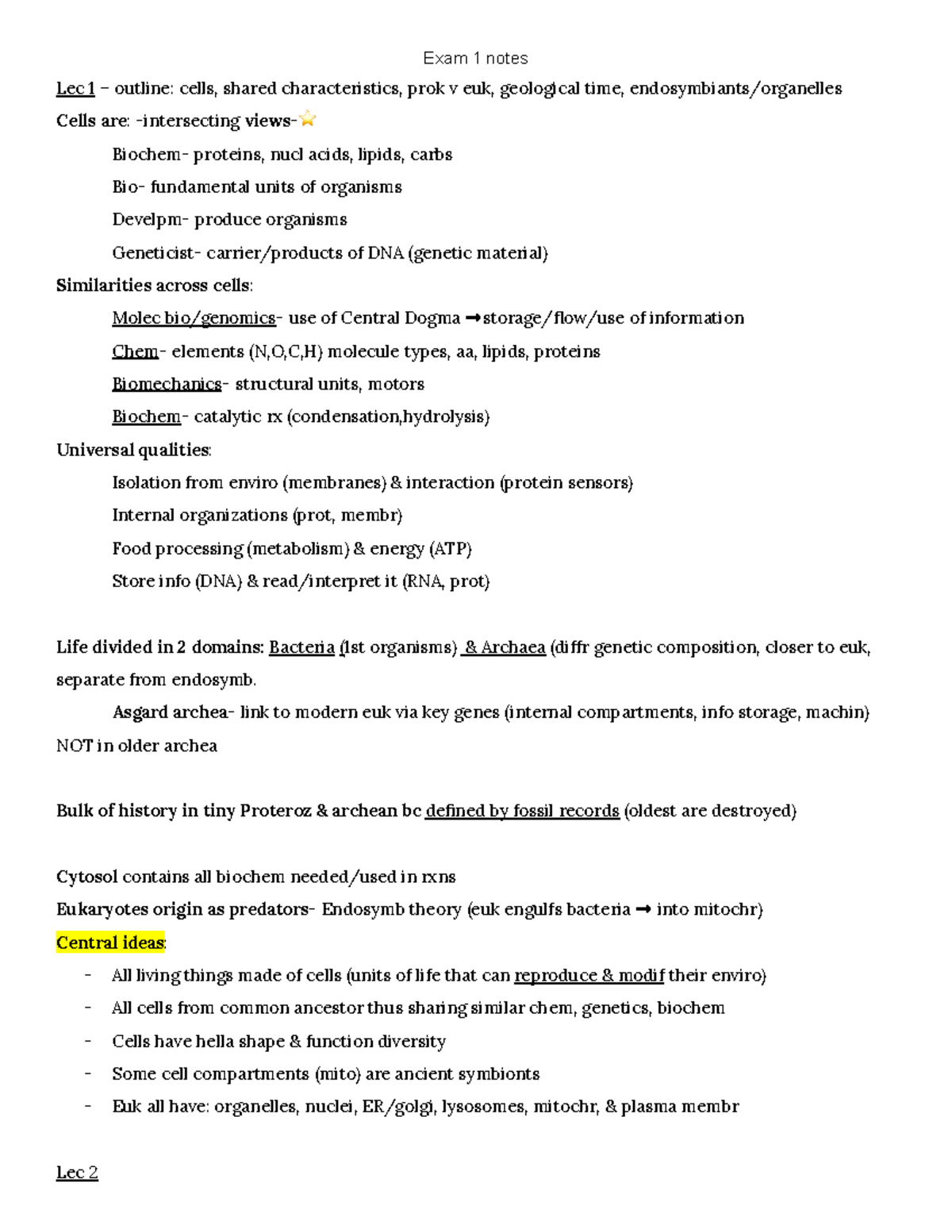 Bil255 exam 1 notes - Exam 1 notes Lec 1 – outline: cells, shared ...