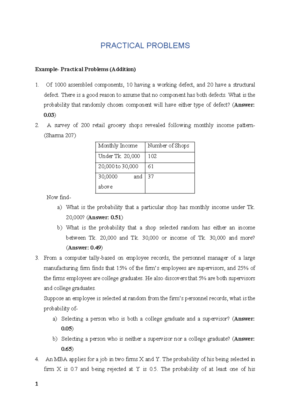 Probability II - Fine - 1 PRACTICAL PROBLEMS Example- Practical ...