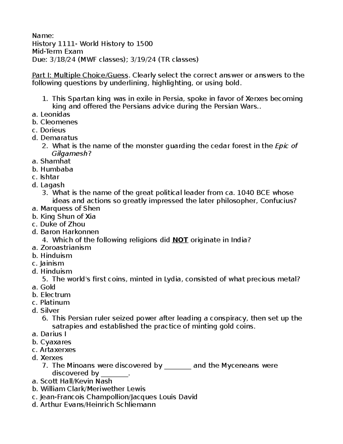 Midterm Exam, Spring 2024 - Name: History 1111- World History to 1500 ...