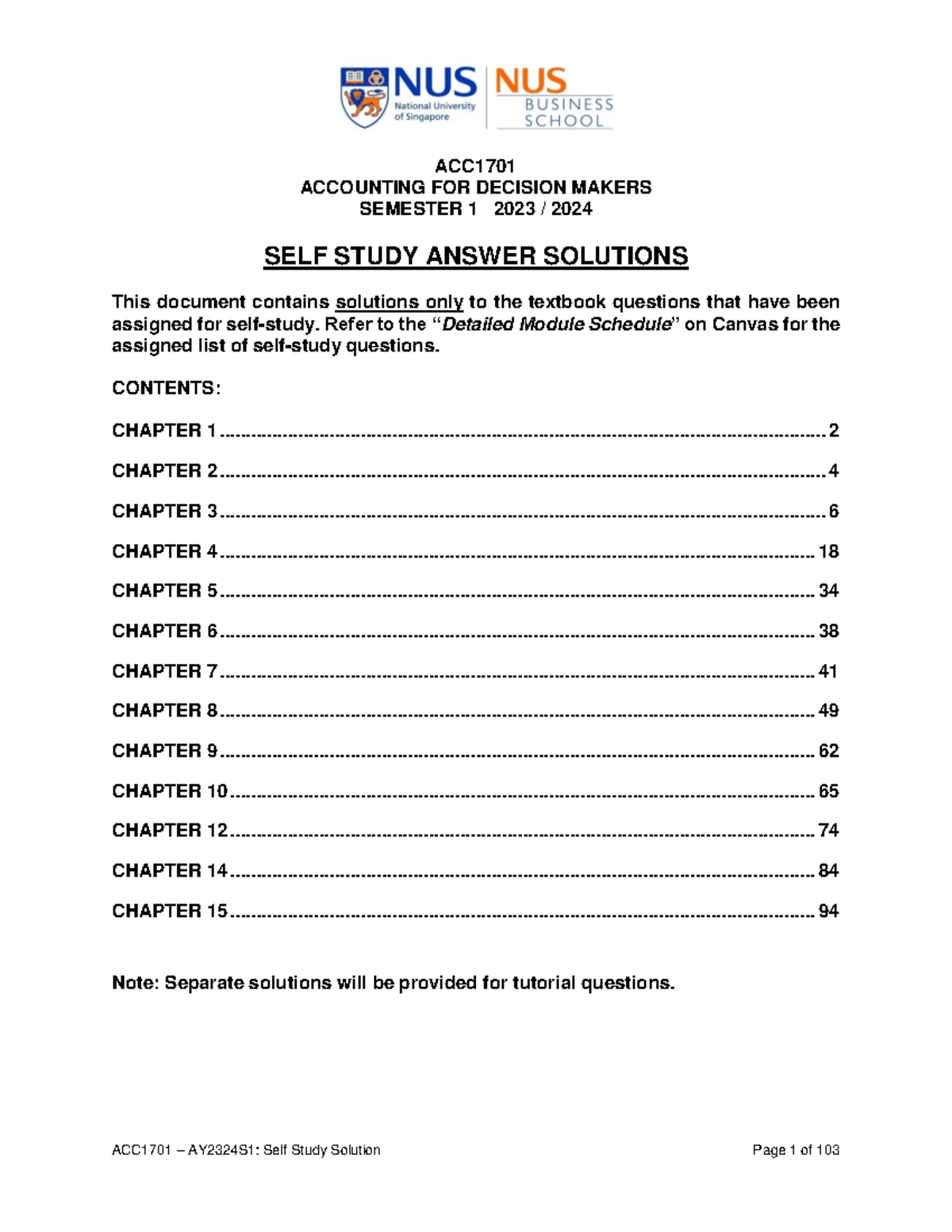 Self Study Solutions - ACC ACCOUNTING FOR DECISION MAKERS SEMESTER 1 ...