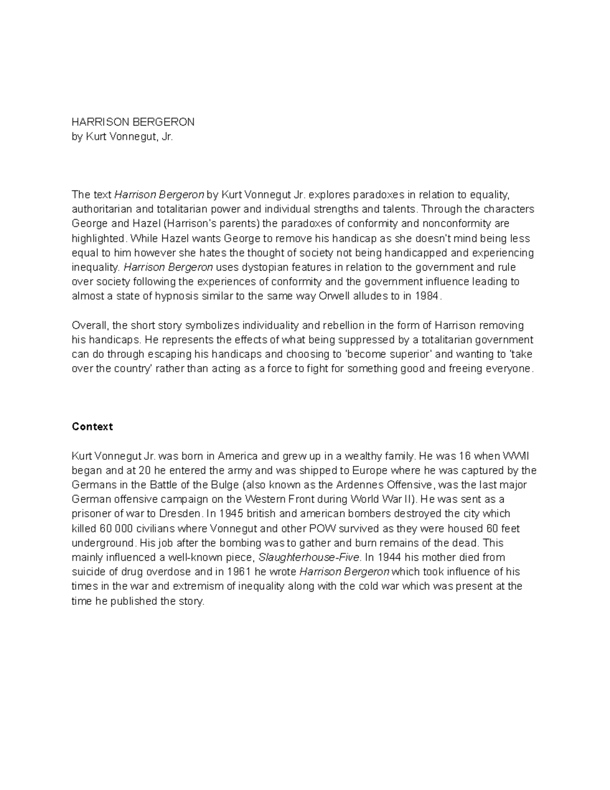 English Task Proposal - HARRISON BERGERON by Kurt Vonnegut, Jr. The ...