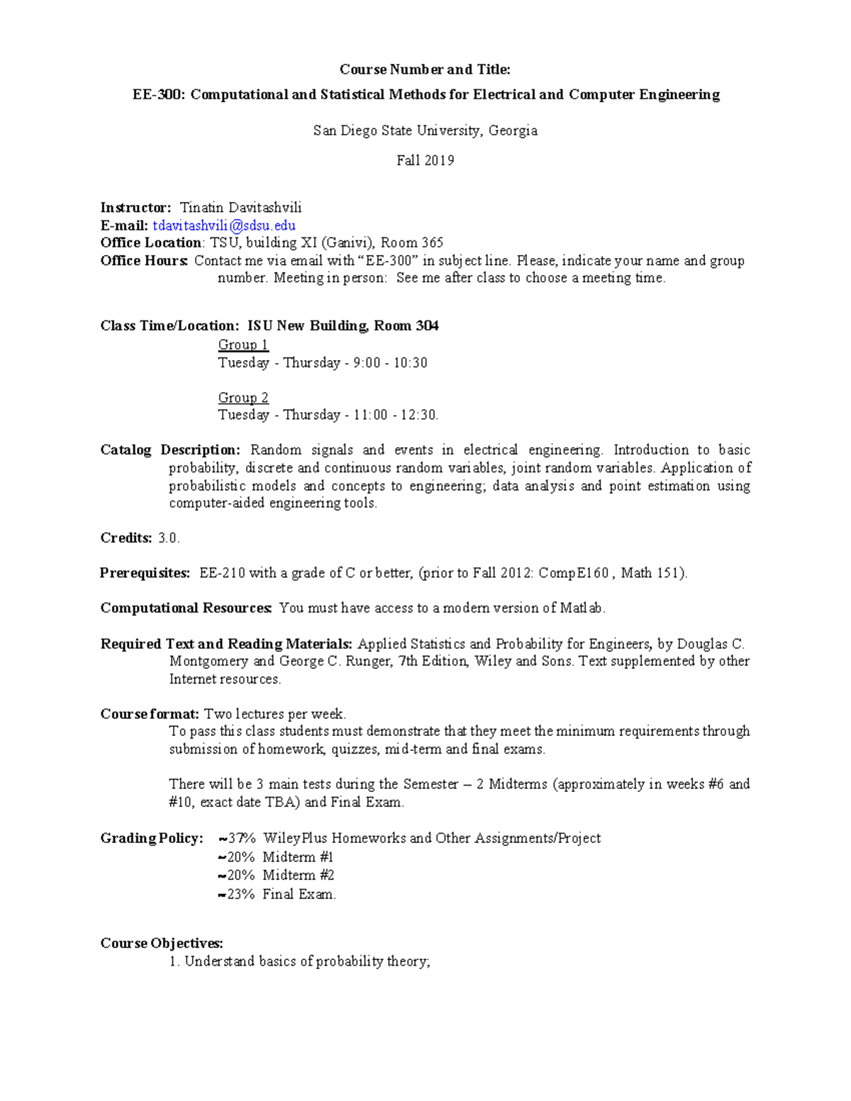 EE300syllabus Fall2019 - Course Number and Title: EE-300: Computational and Statistical Methods ...