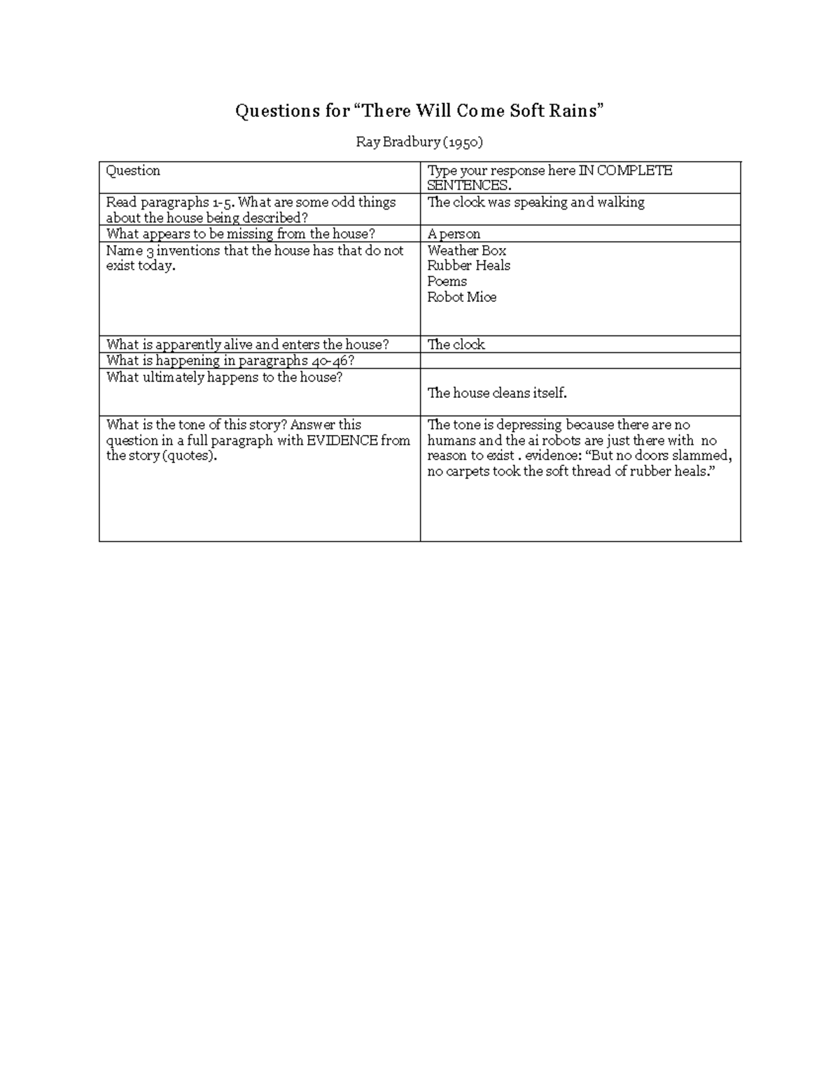 there comes soft rains book test questions and answers - Questions for ...