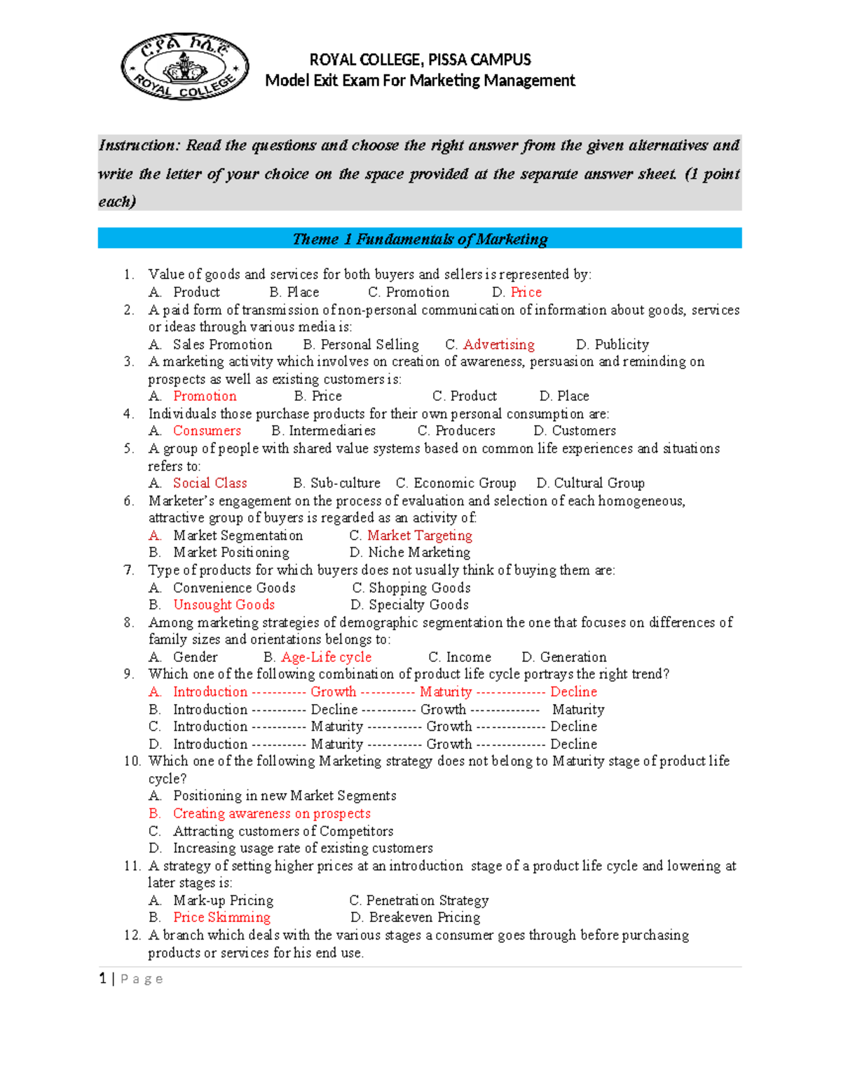 1. Marketing Management Model Exit Exam C - ROYAL COLLEGE, PISSA CAMPUS ...