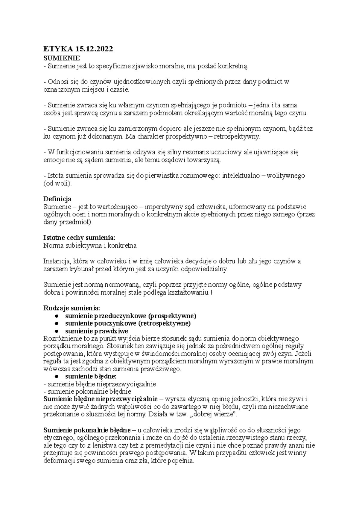 Etyka Gospodarcza - ETYKA 15. SUMIENIE Sumienie jest to specyficzne zjawisko moralne, ma postać ...