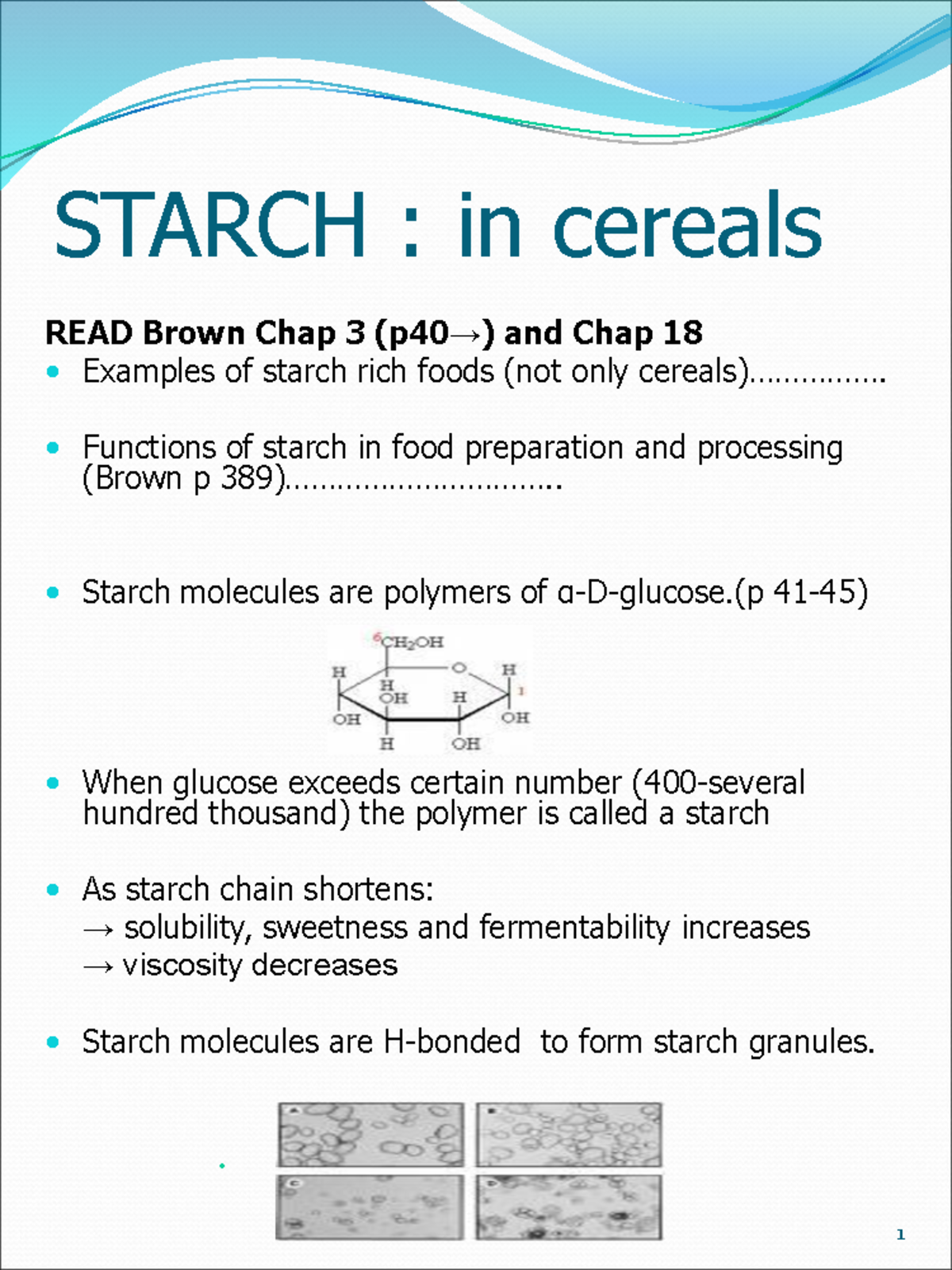 Starch summary notes - STARCH : in cereals READ Brown Chap 3 (p40→) and ...
