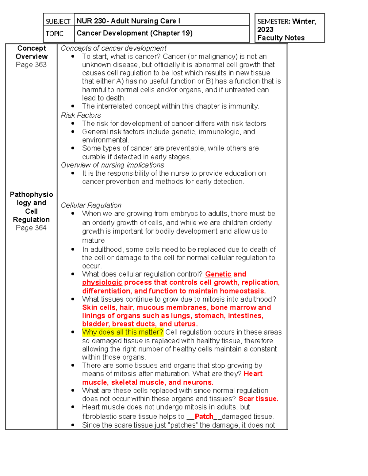 Cancer (chapter 19) Faculty - Concept Overview Page 363 Pathophysio ...