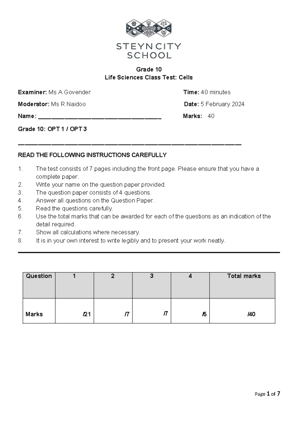 Grade 10 Class Test 1 QP - term 1 content ieb - Grade 10 Life Sciences ...