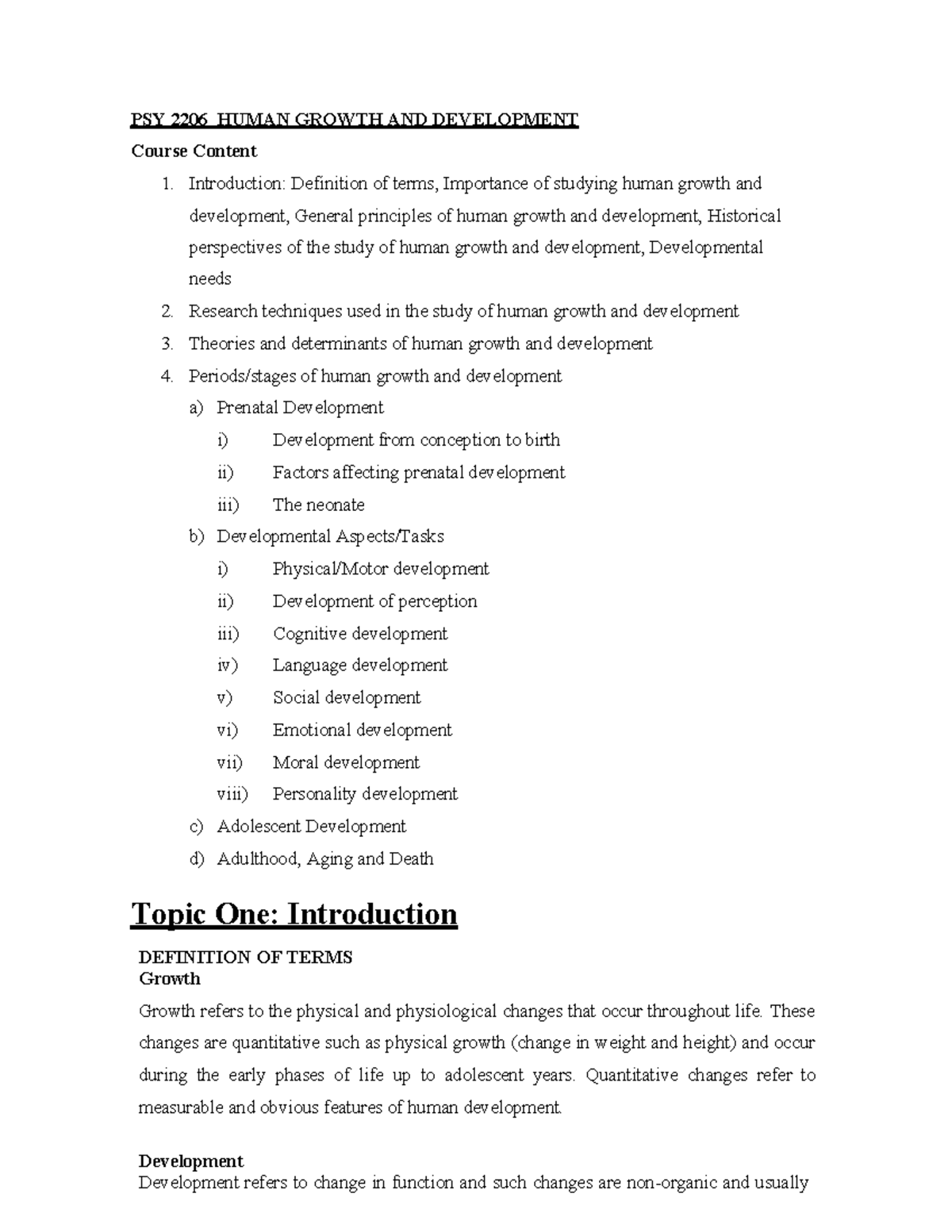 Human G&D Notes - PSY 2206 HUMAN GROWTH AND DEVELOPMENT Course Content ...