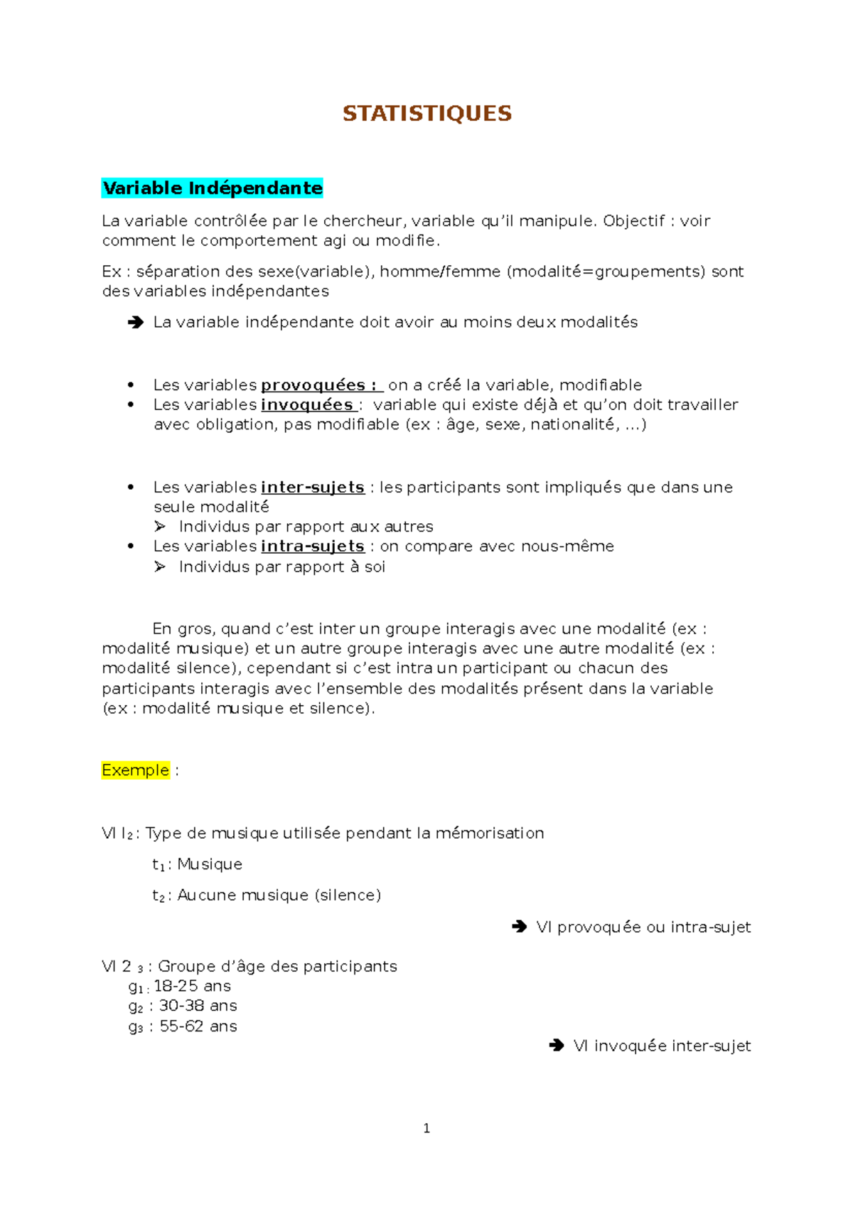 Statistiques Descriptives L1 - STATISTIQUES Variable Indépendante La ...