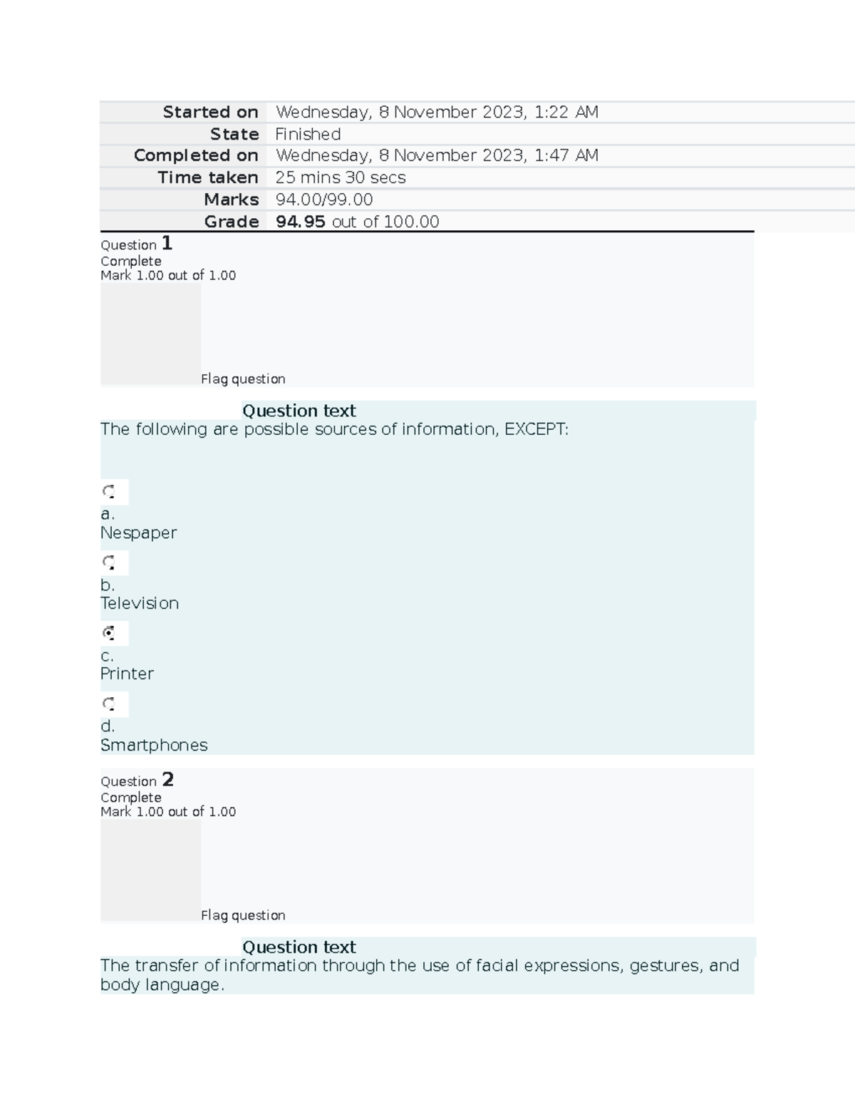 MEIL exam 2122 - meil exam keys - Started on Wednesday, 8 November 2023 ...