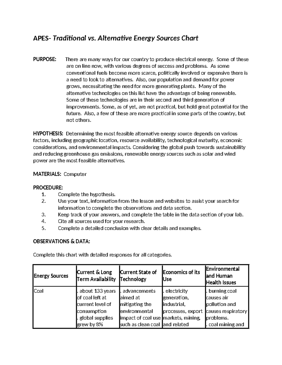 APES Energy Sources Summary Chart - APES- Traditional vs. Alternative ...