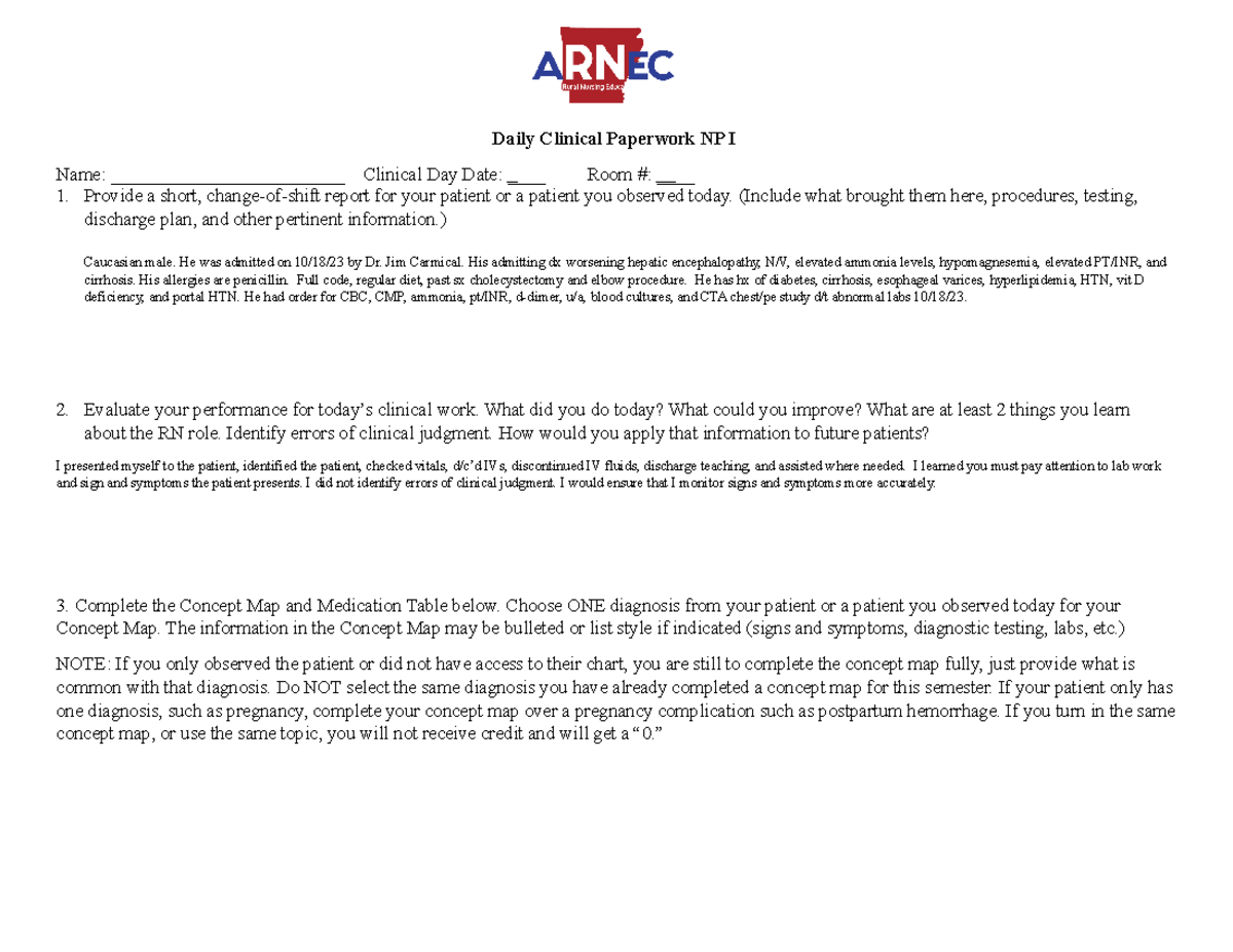 Arnec Daily Clinical Paperwork Practicum III Clinical Day 13 - Daily Clinical Paperwork NP I ...