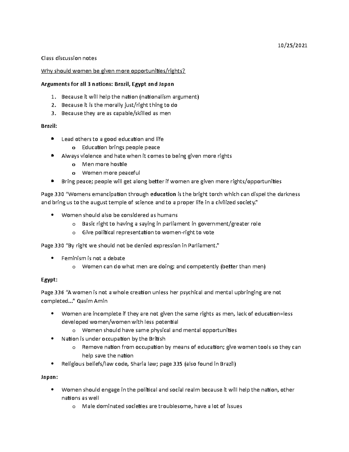 Class Discussion - Brazil, Egpyt, Japan Women's Rights - 10/25/ Class ...