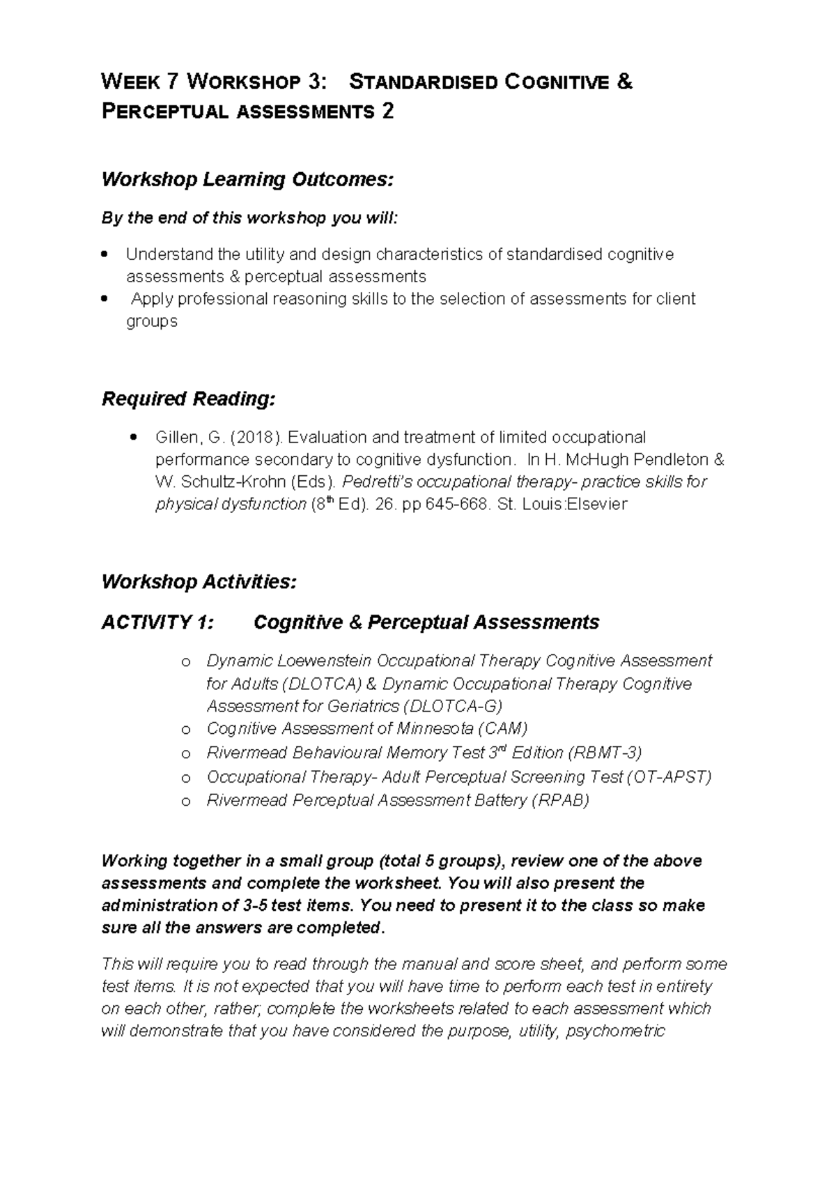 Week 7 workshop 3 Standardised Cognitive & Perceptual Ax 2 Student ...