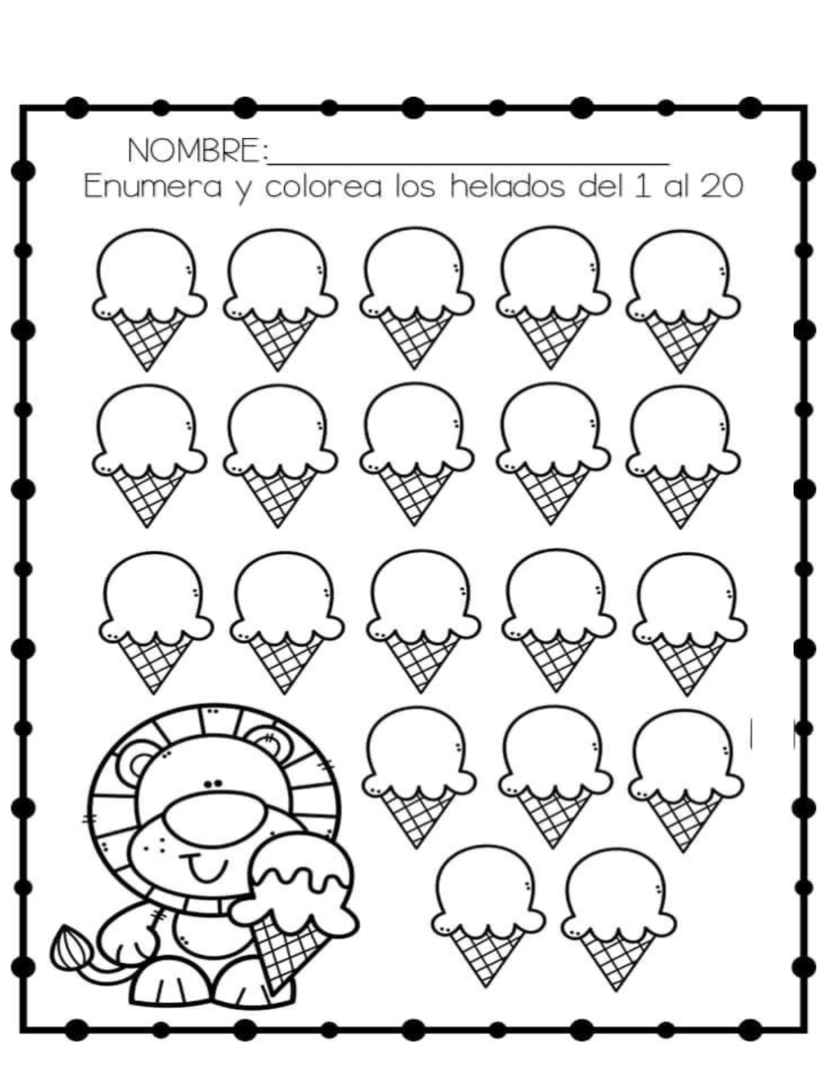 Tarea - Español - NOMBRE: Enumera y colorea los helados del 1 al 20 ...