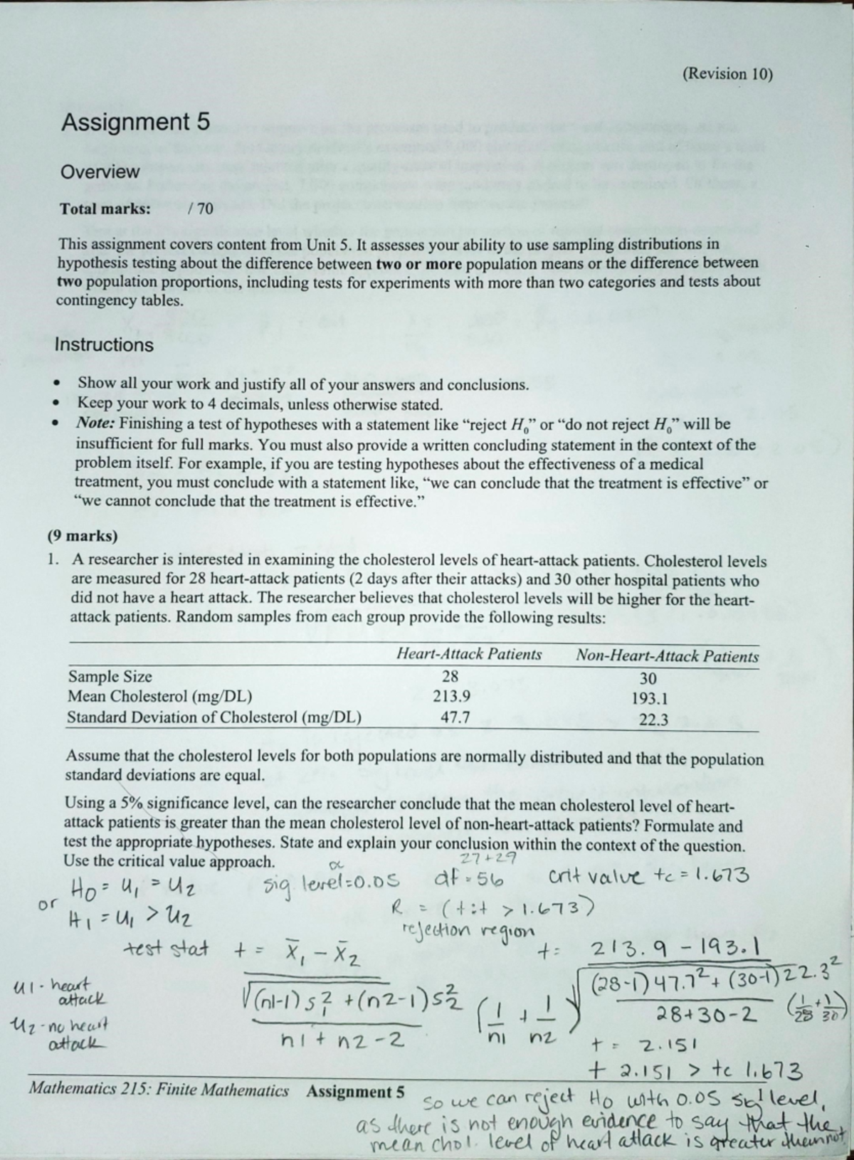 math 215 assignment 5 pg 1 - (Revision 10) Assignment 5 Overview Total marks: / 70 This ...