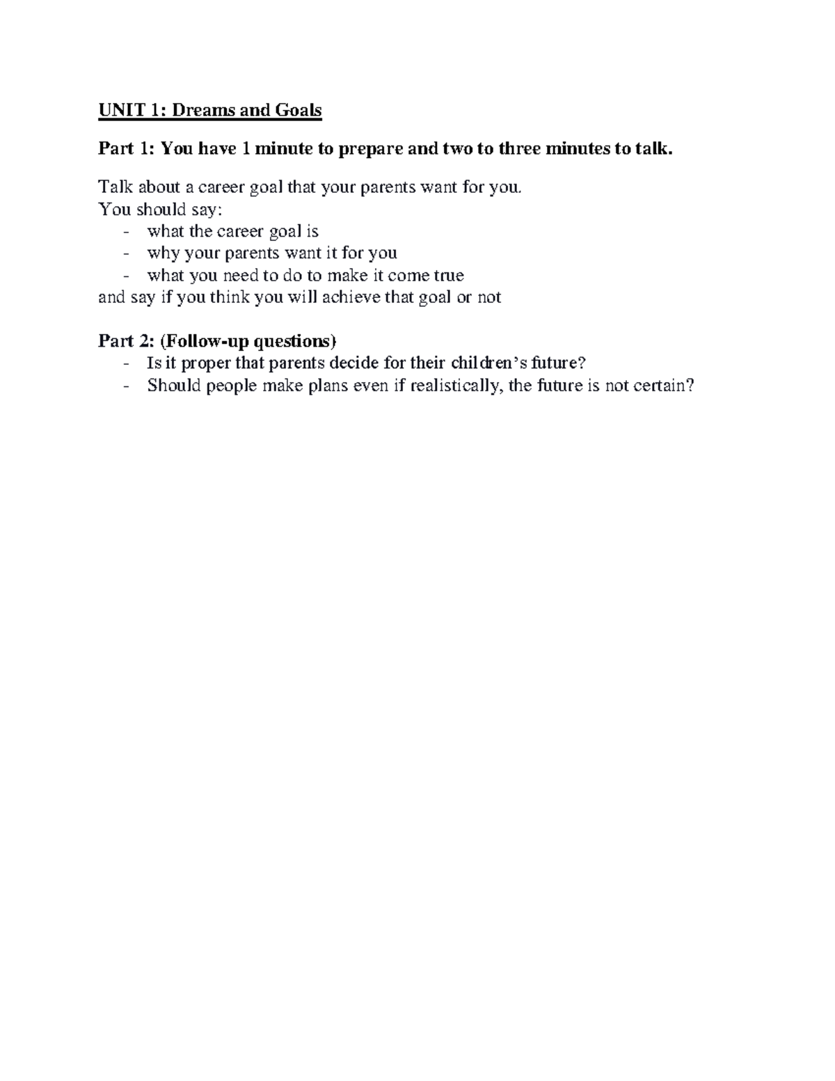 Sample Speaking test - UNIT 1: Dreams and Goals Part 1: You have 1 ...