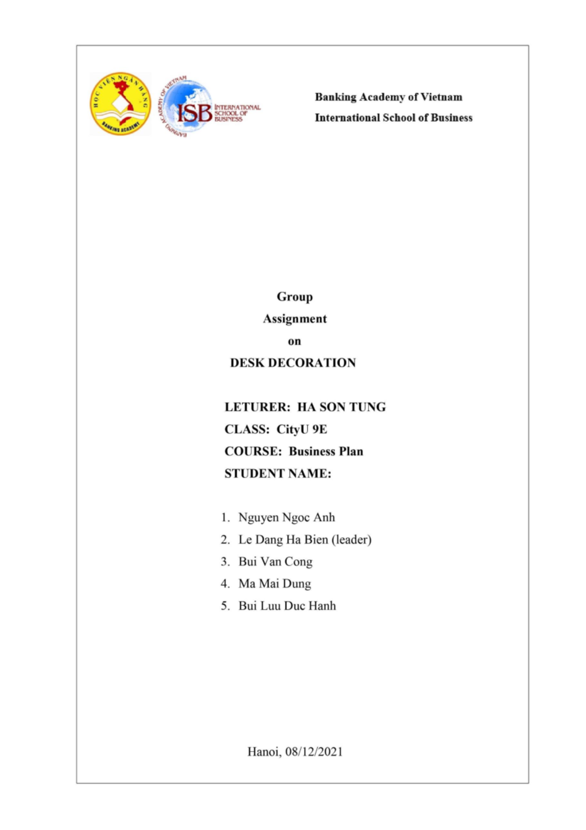 Business plan final assignment - Table of Contents I. Executive summary ...