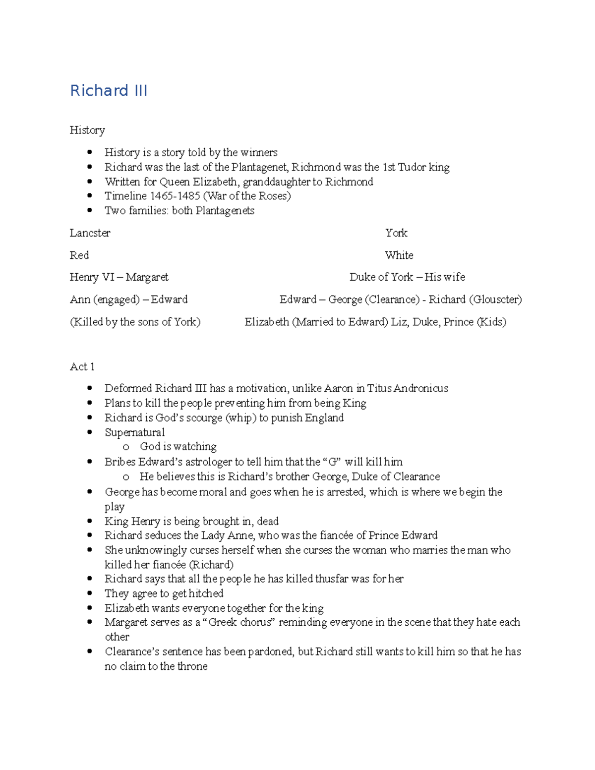 Richard III - Lecture notes 3-4 - Richard III History History is a ...