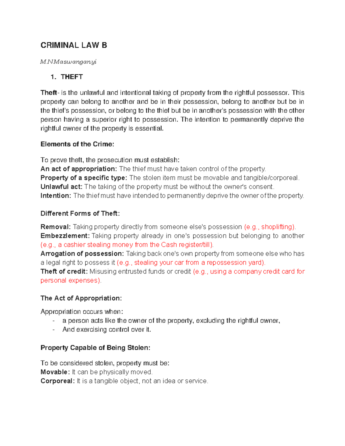 Theft - CRIMINAL LAW B M Maswanganyi THEFT Theft- is the unlawful and ...