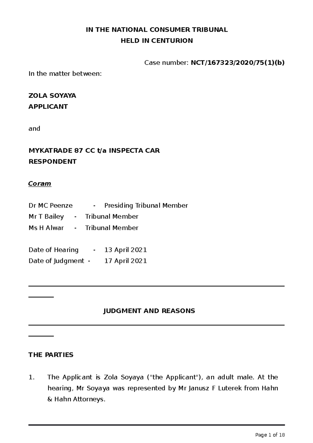 Zola Soyaya v Inspecta Car ta Mykatrade 87 CC NCT 167323 2020 75 - IN ...