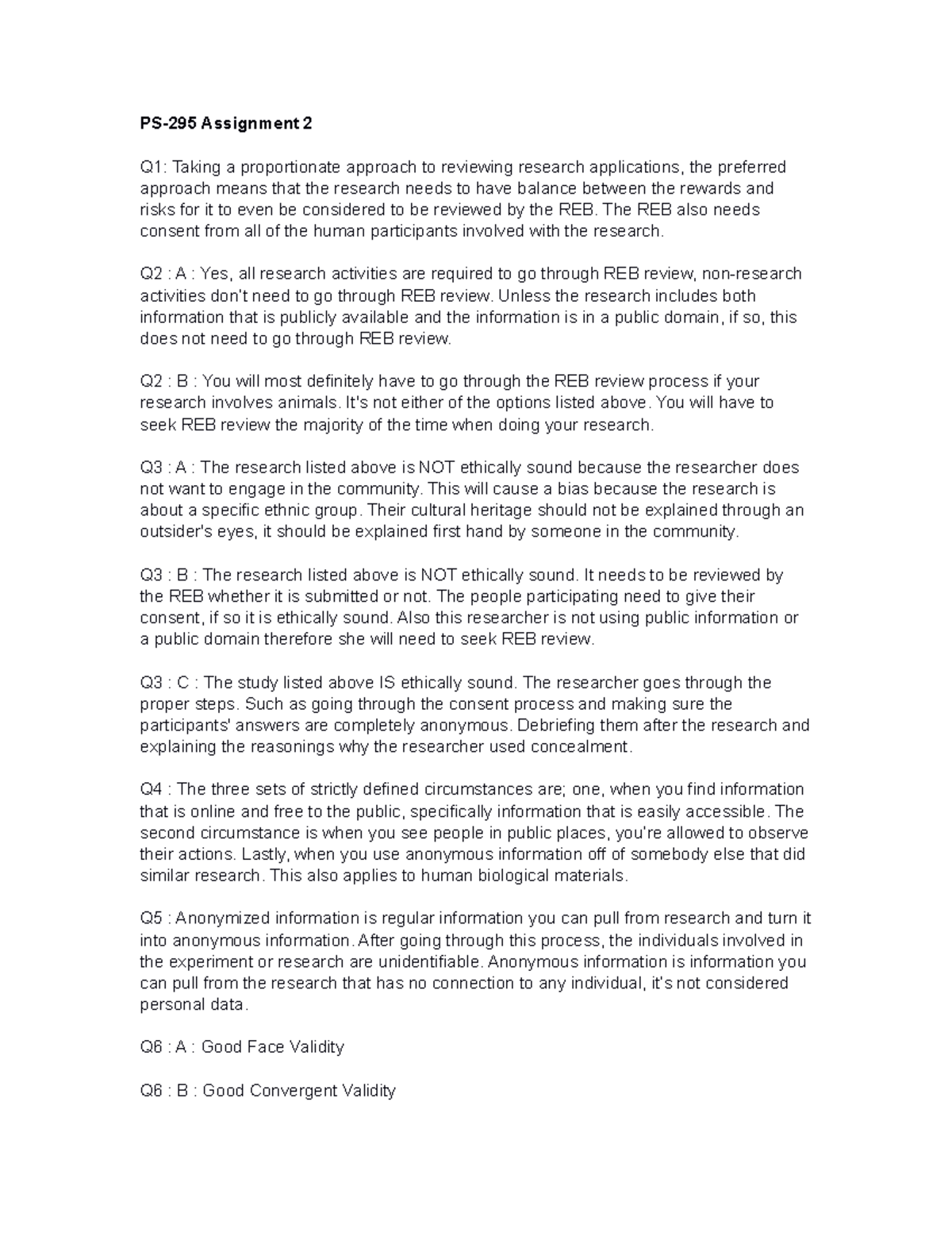 PS-295 Assignment 2 - The REB also needs consent from all of the human ...