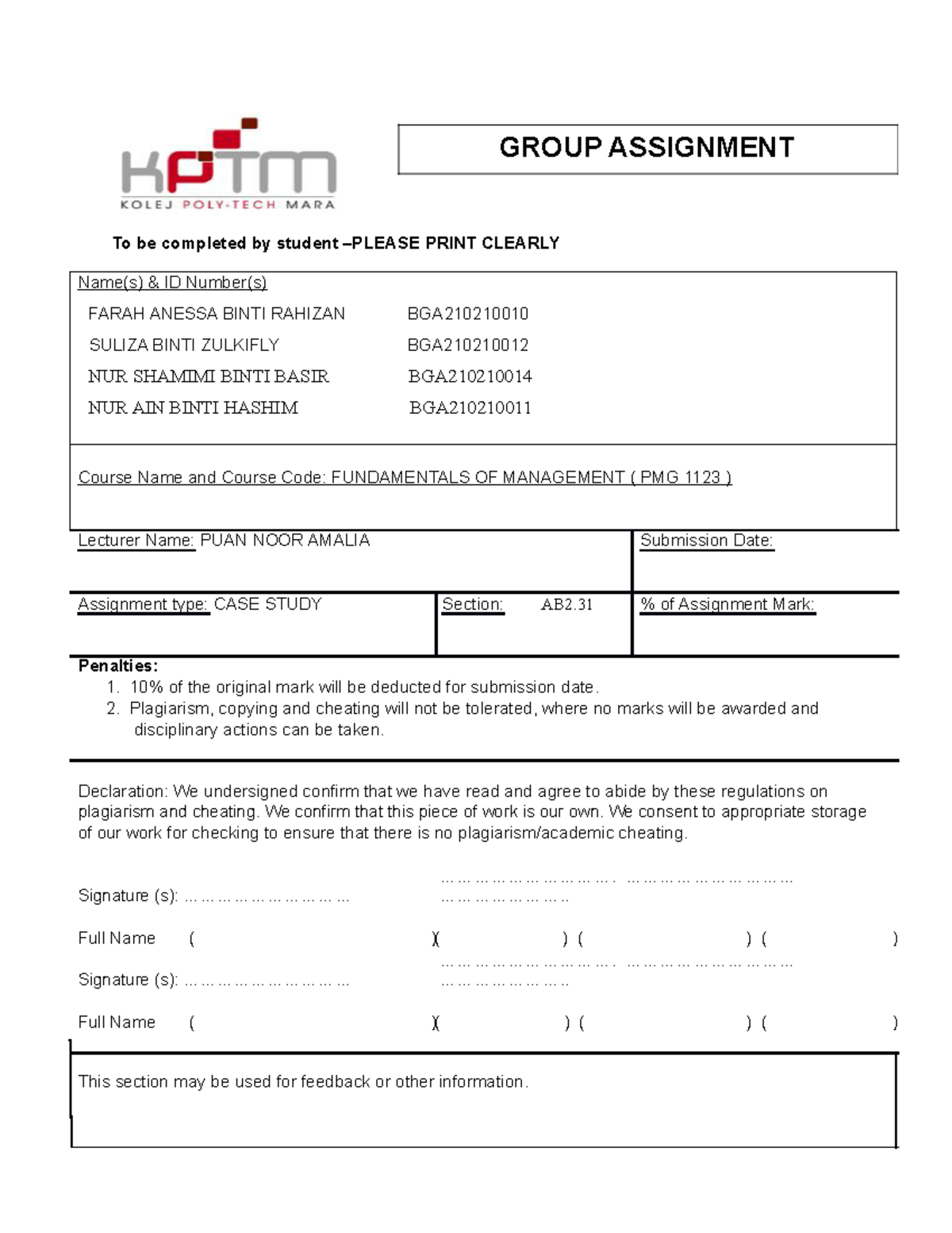 Case study pmg 1123 sumaries assigment - Accounting and Finance - KUPTM ...