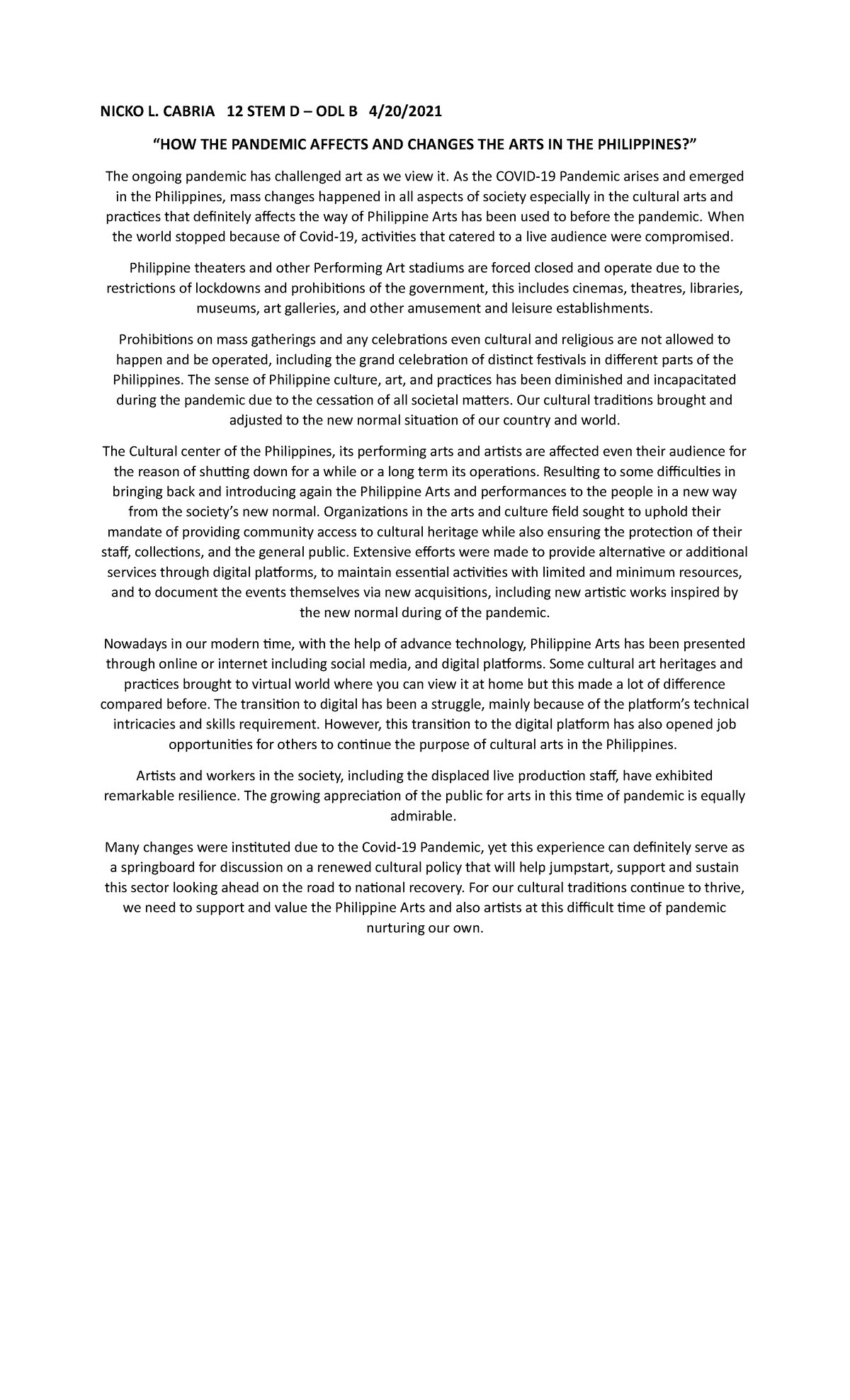 Contemp Arts Essay - Grade: 100 - NICKO L. CABRIA 12 STEM D – ODL B 4 ...