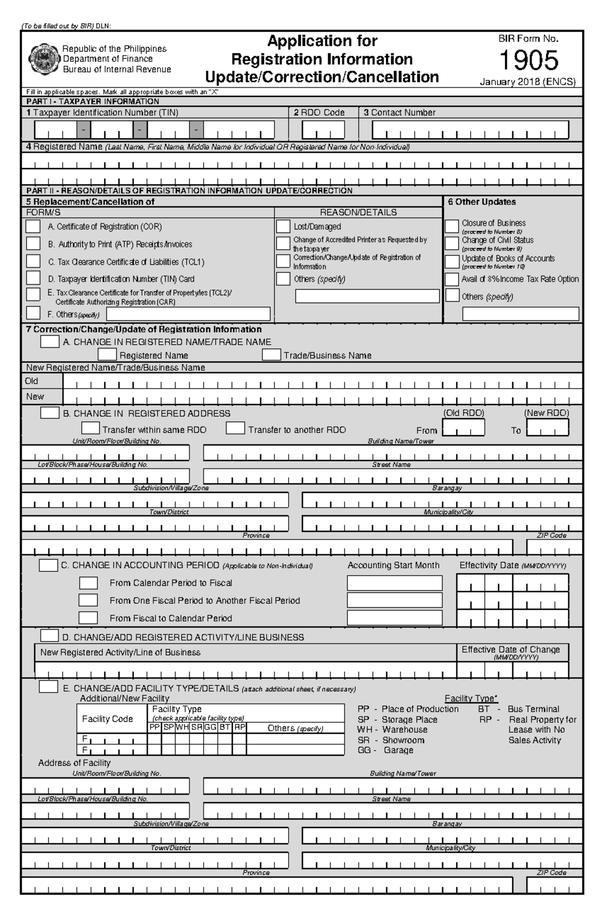 Bi form 1905 - thank u - (To be filled out by BIR) DLN: Republic of the ...