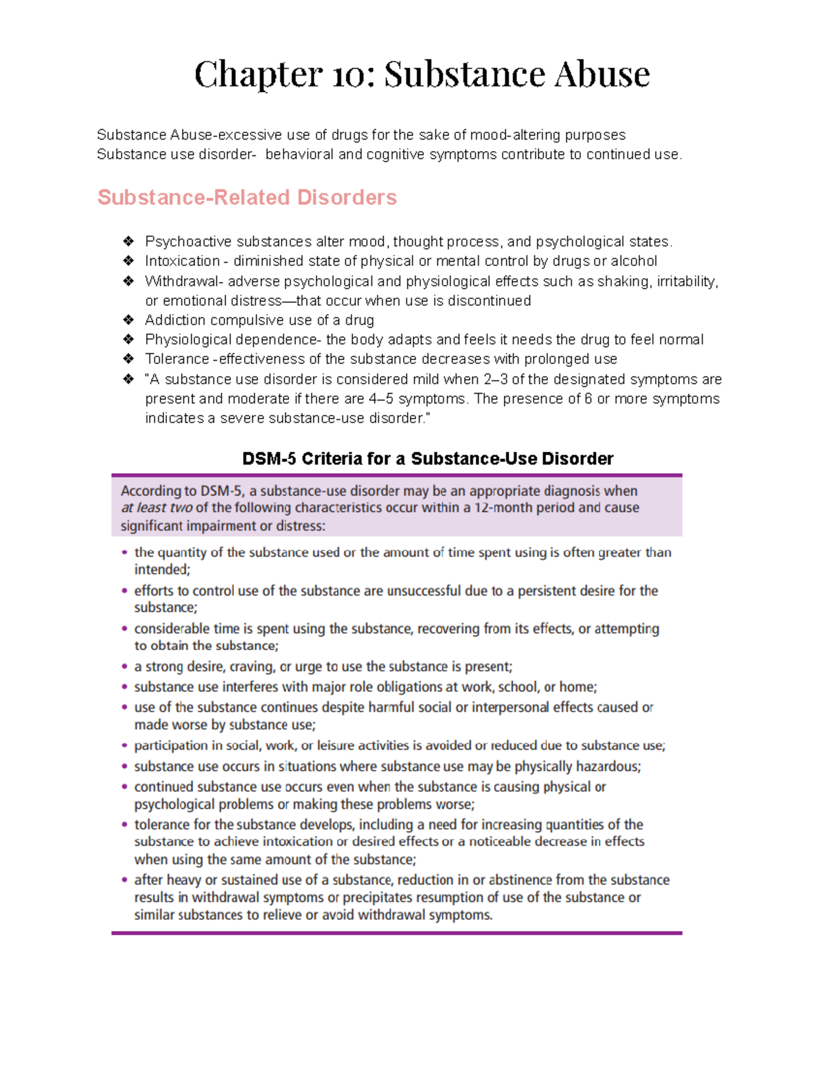 Chapter 10 Substance Abuse - Substance Abuse-excessive use of drugs for ...