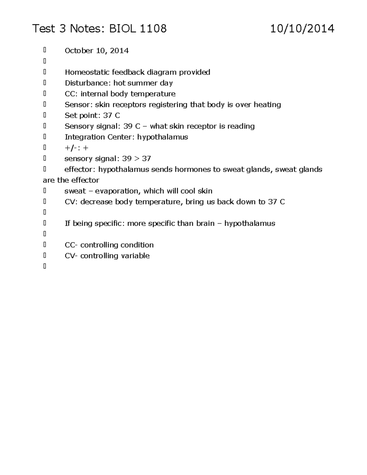 BIOL 1108 Test 3 Notes - Test 3 Notes: BIOL 1108 10/10/2014 October 10 ...