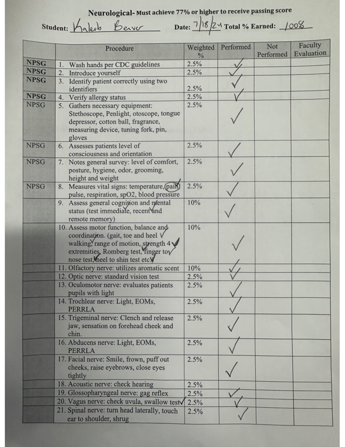 Neurological check off pg 1 - Must achieve or higher to receive passing ...