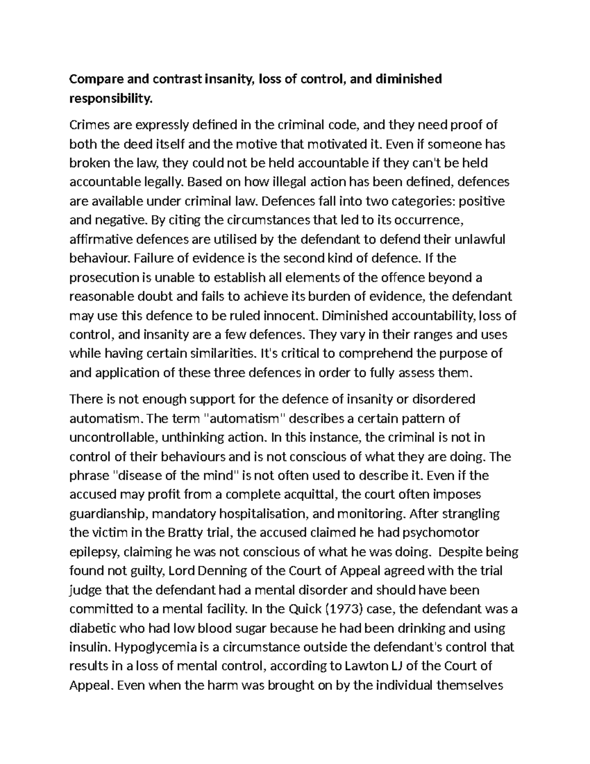 Insanity, Loss of self control and diminished responsibility - Compare ...