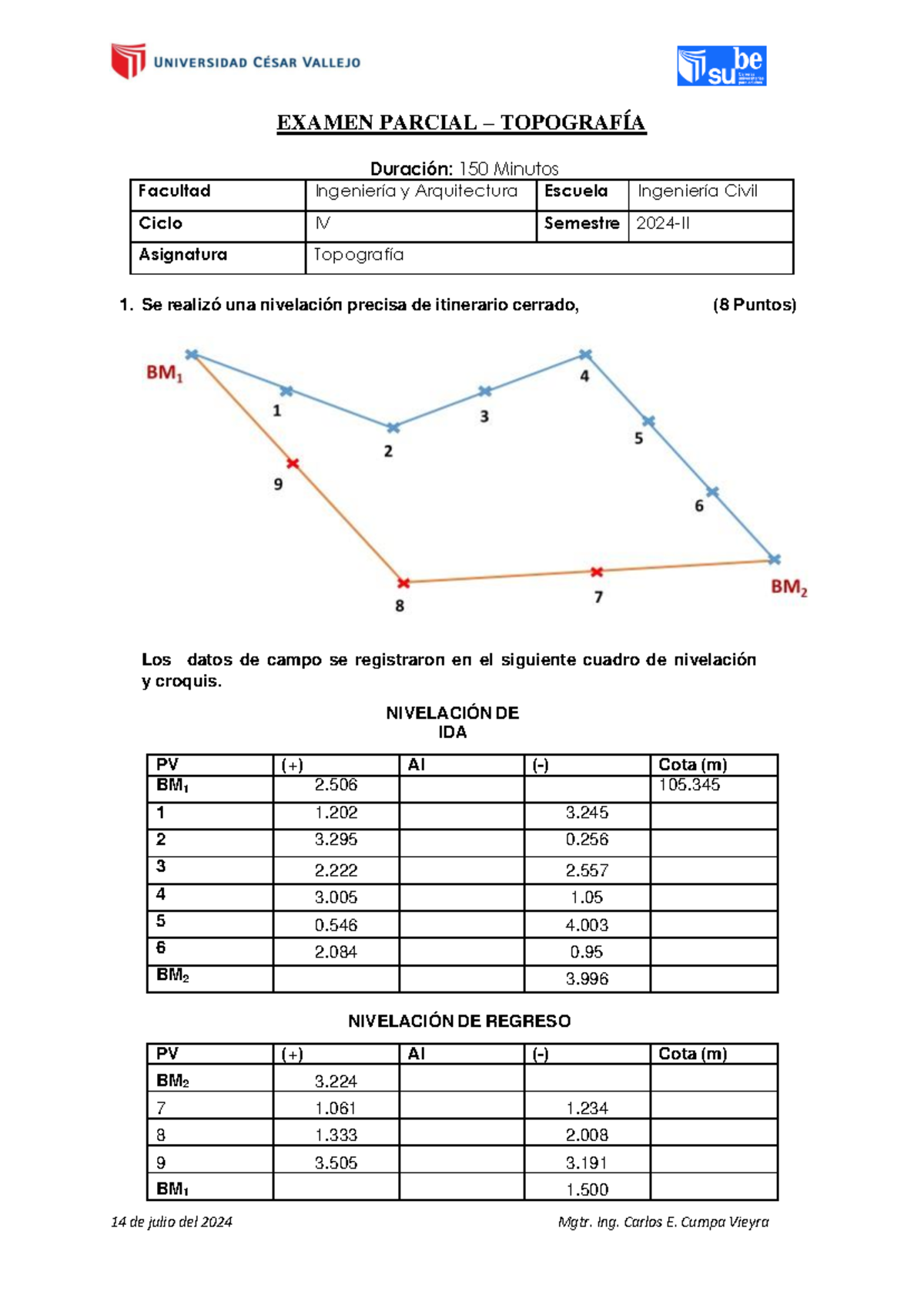 Examen Parcial - Topografia - 2024-II - 14 de julio del 2024 Mgtr. Ing ...