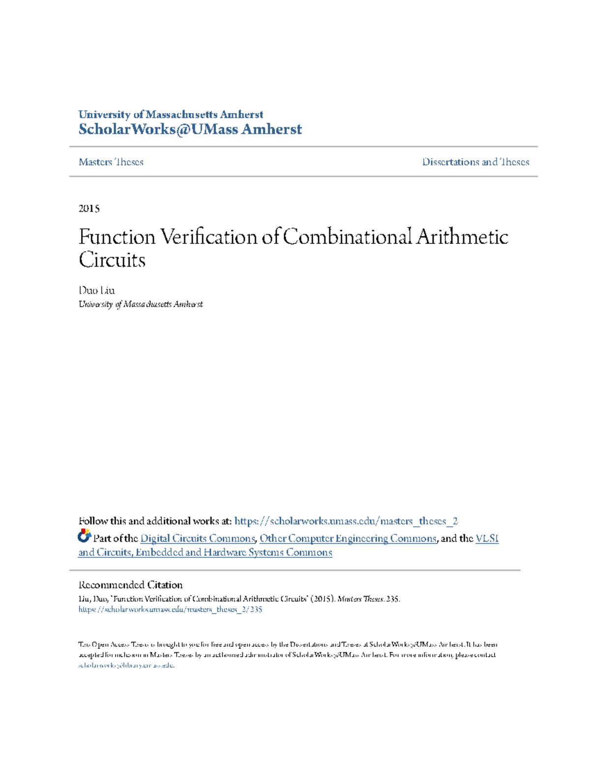Function Verification Of Combinational Arithmetic Circuits University Of Massachusetts Amherst