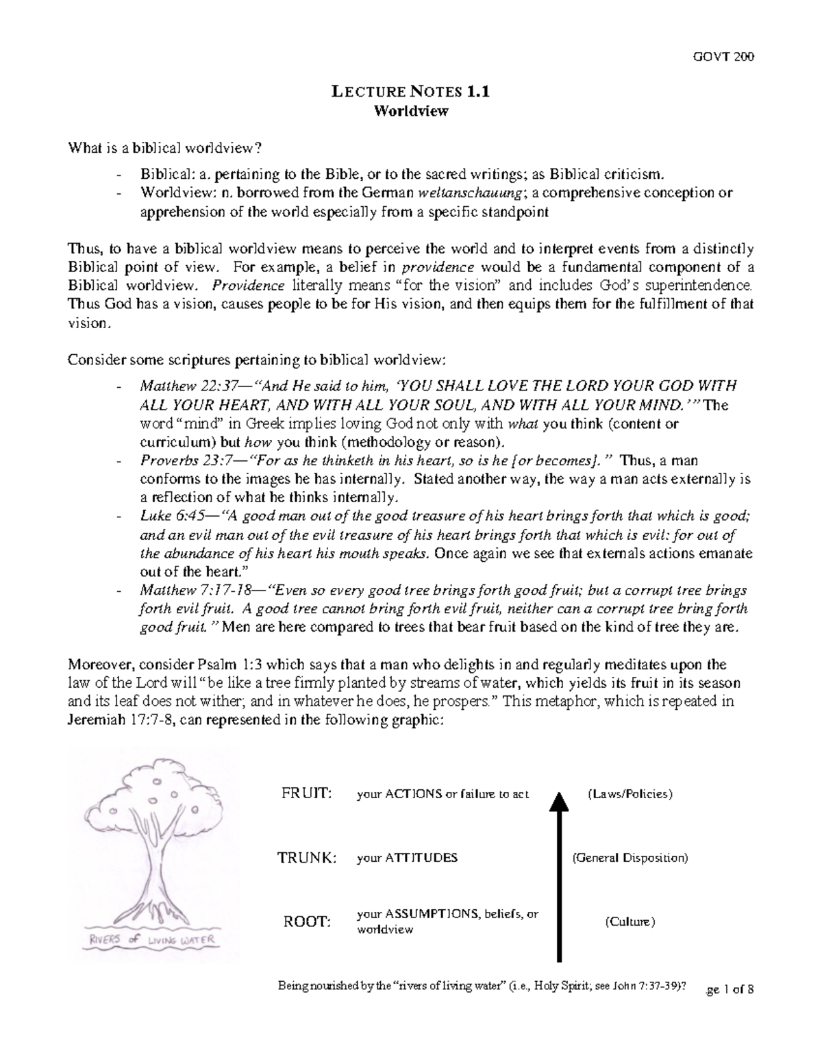 GOVT200 Lecture Notes 1 - LECTURE NOTES 1. Worldview What is a biblical ...