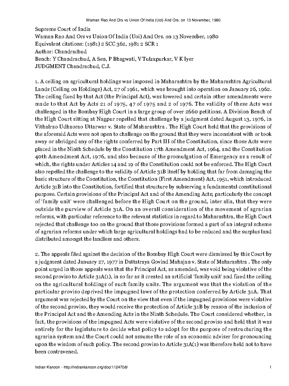 Waman Rao And Ors vs Union Of India Uoi And Ors [1980] - Supreme Court ...