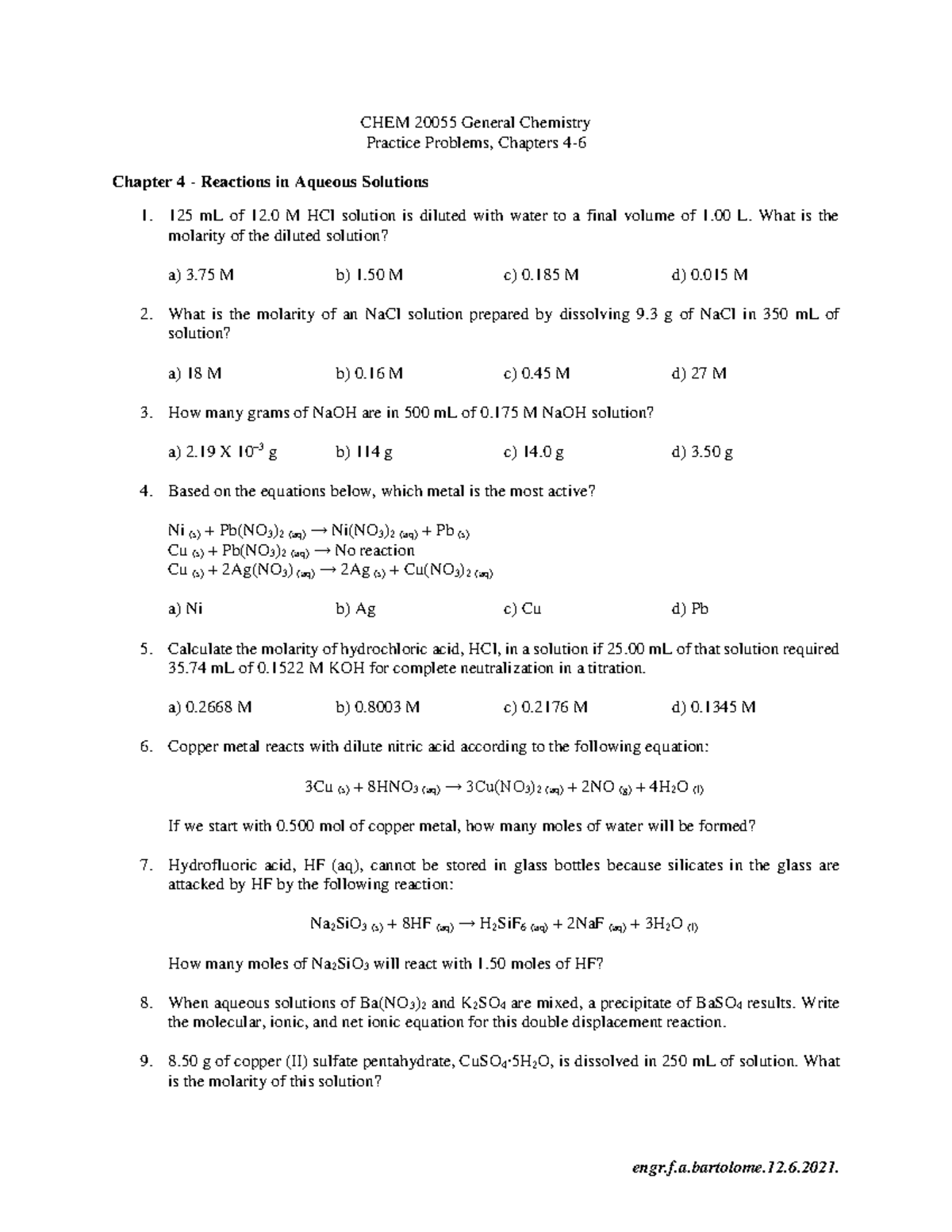CHEM 2002 4 General Chemistry Practice Exam #2 - CHEM 200 55 General ...
