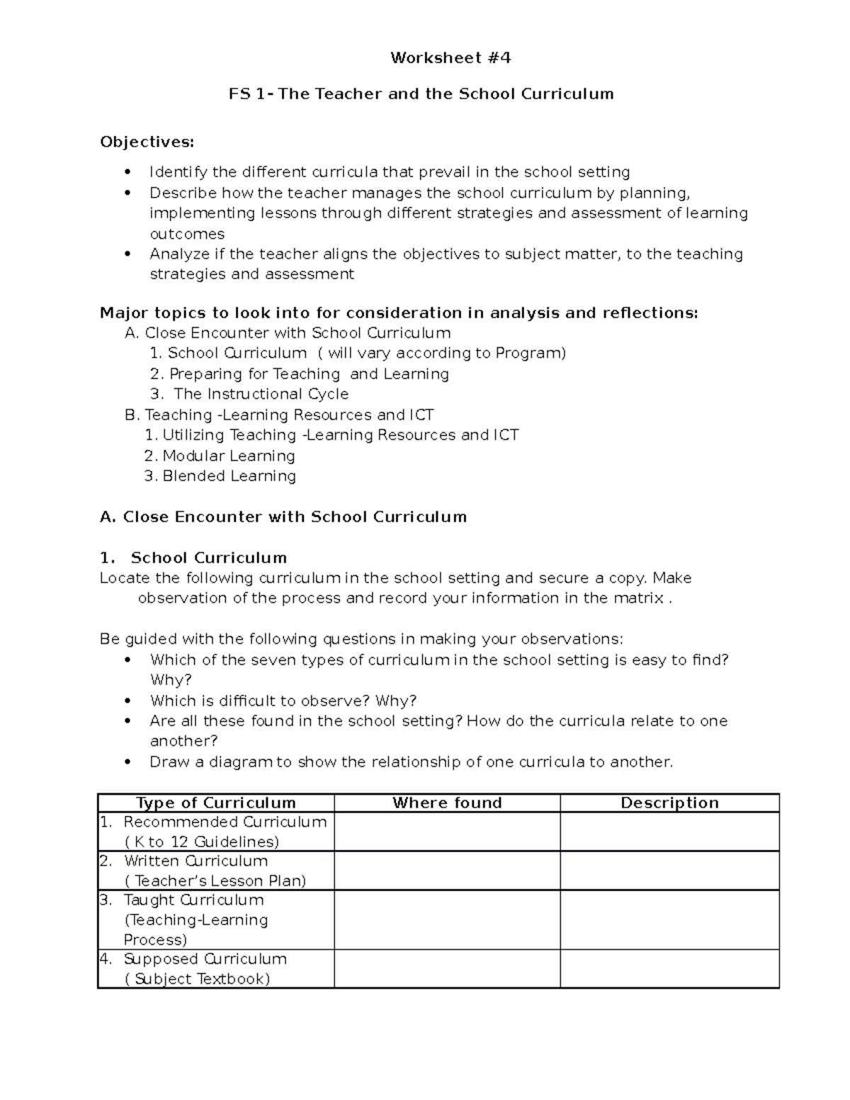 Field Study Episode 4 5 6 - Worksheet # FS 1- The Teacher and the ...
