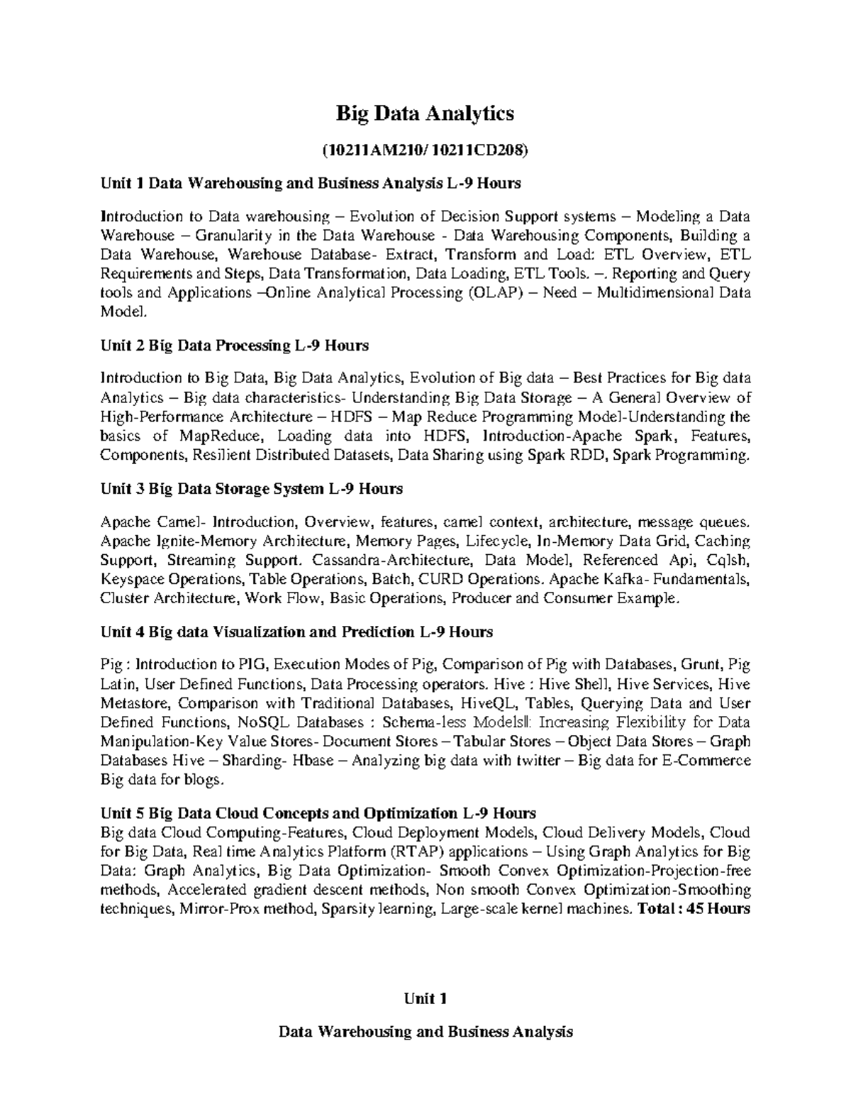 Big Data Analytics Unit 1&2 - Big Data Analytics (10211AM210/ 10211CD208) Unit 1 Data ...