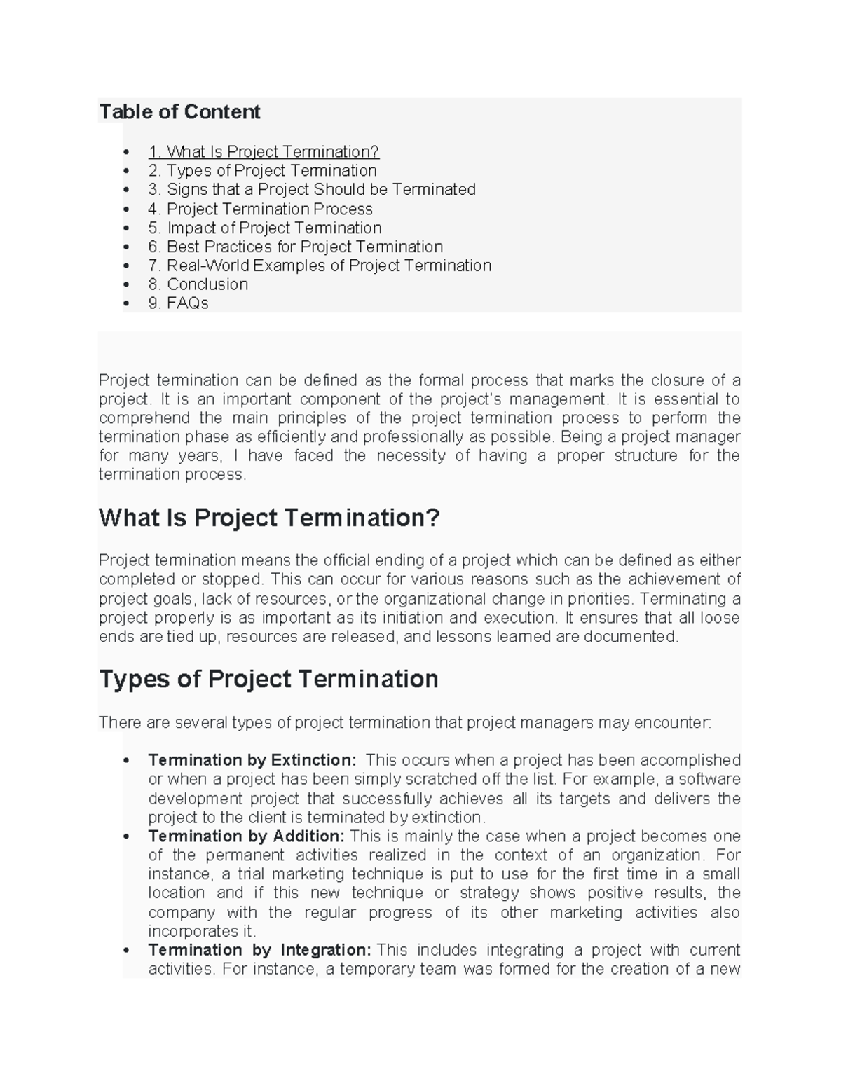 Termination personal - Table of Content 1. What Is Project Termination ...