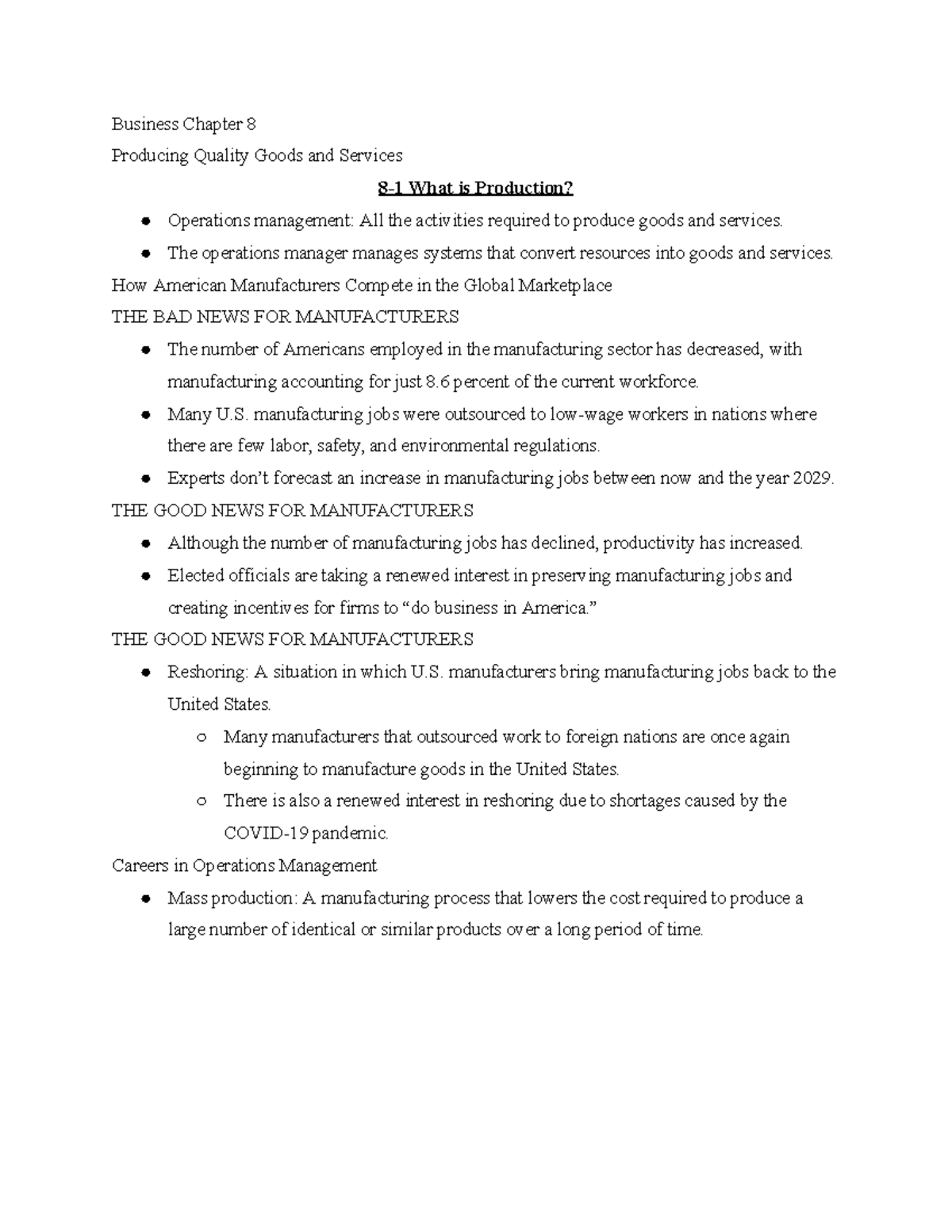 Business Chap 8 - Notes - Business Chapter 8 Producing Quality Goods ...