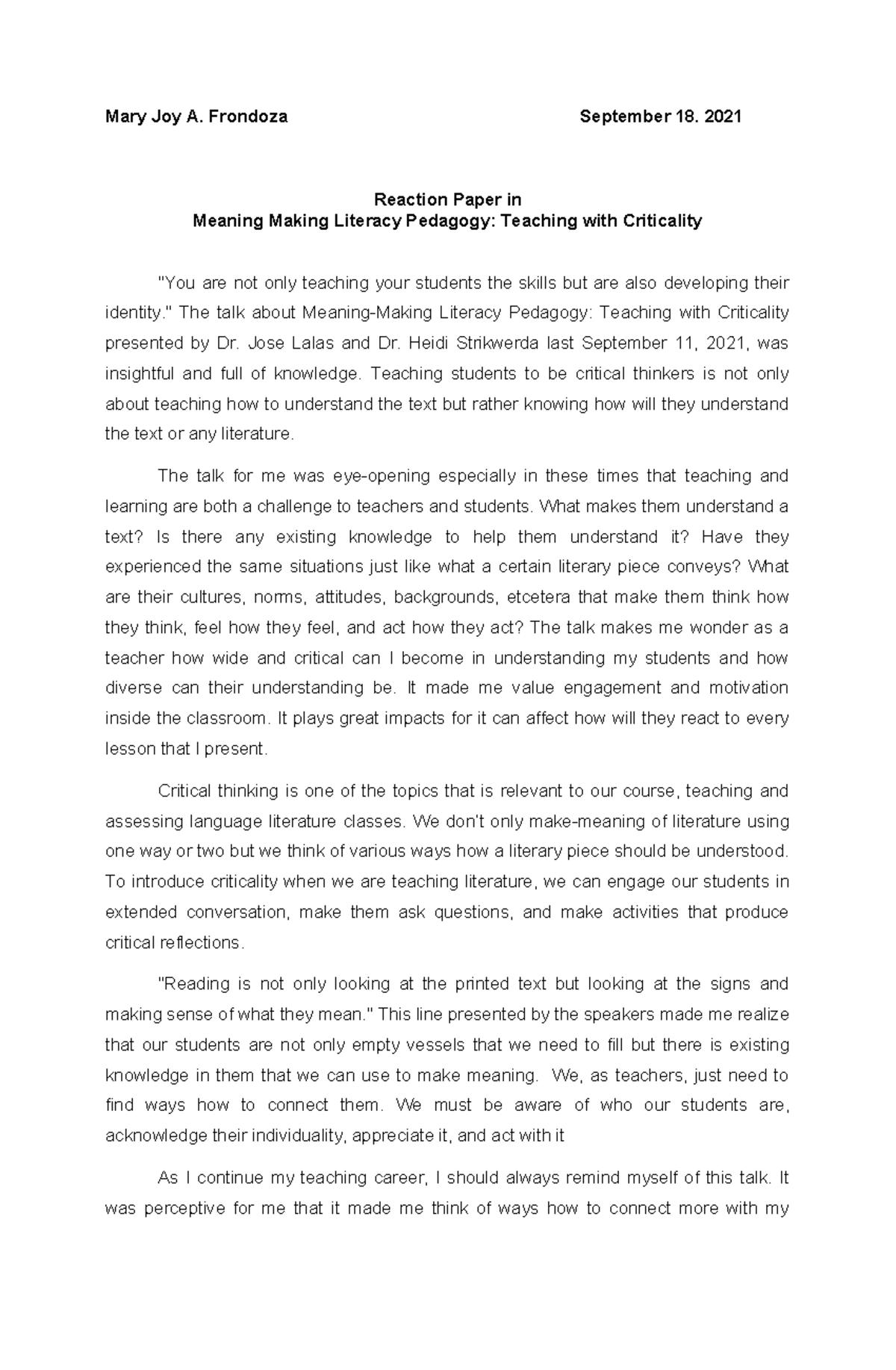 Meaning Making Literacy Pedagogy - Mary Joy A. Frondoza September 18 ...