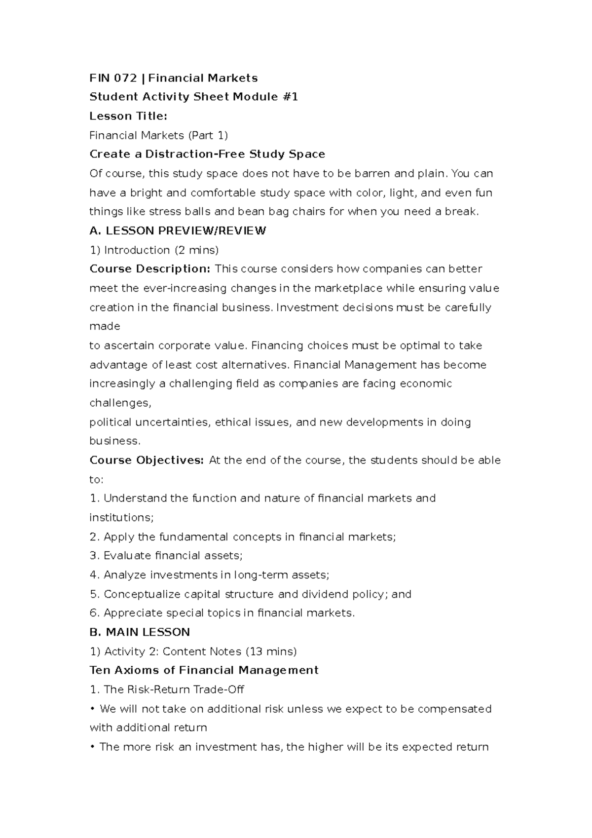 FIN 072 -Financial Markets L1 - FIN 072 | Financial Markets Student ...