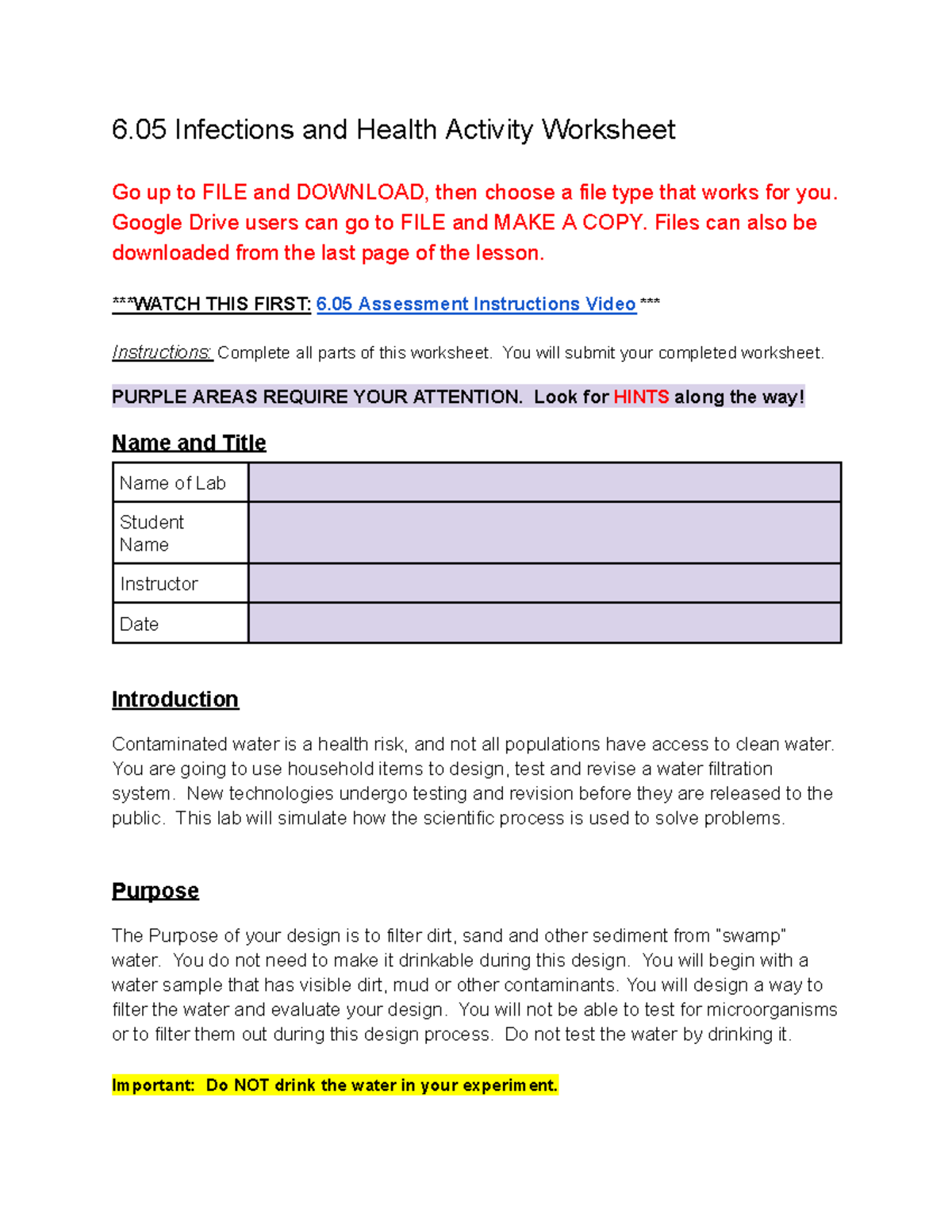 Copy of 6.05 Infections and Health Activity Worksheet - 6 Infections ...