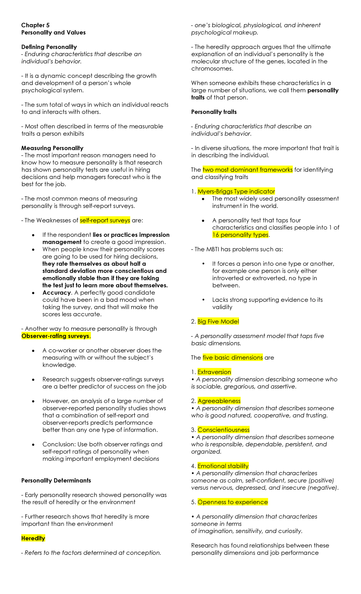 Summary chapter 5 - Chapter 5 Personality and Values Defining ...