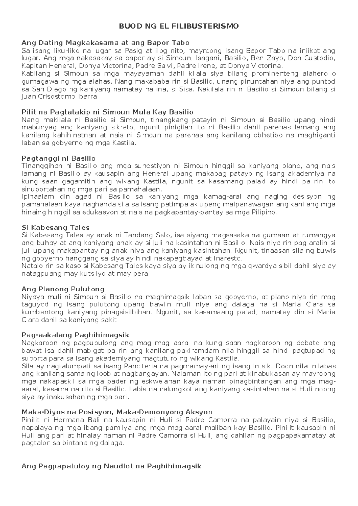 BUOD NG EL Filibusterismo - BUOD NG EL FILIBUSTERISMO Ang Dating Magkakasama at ang Bapor Tabo ...