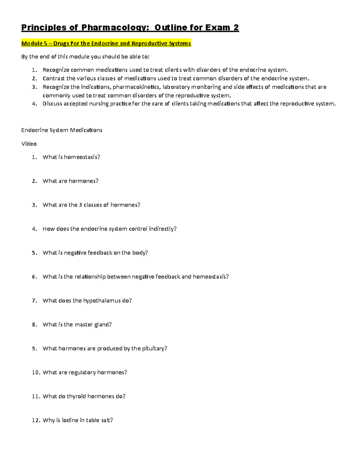 Principles of Pharmacology – Outline for Exam 2 Module 05 - Recognize ...