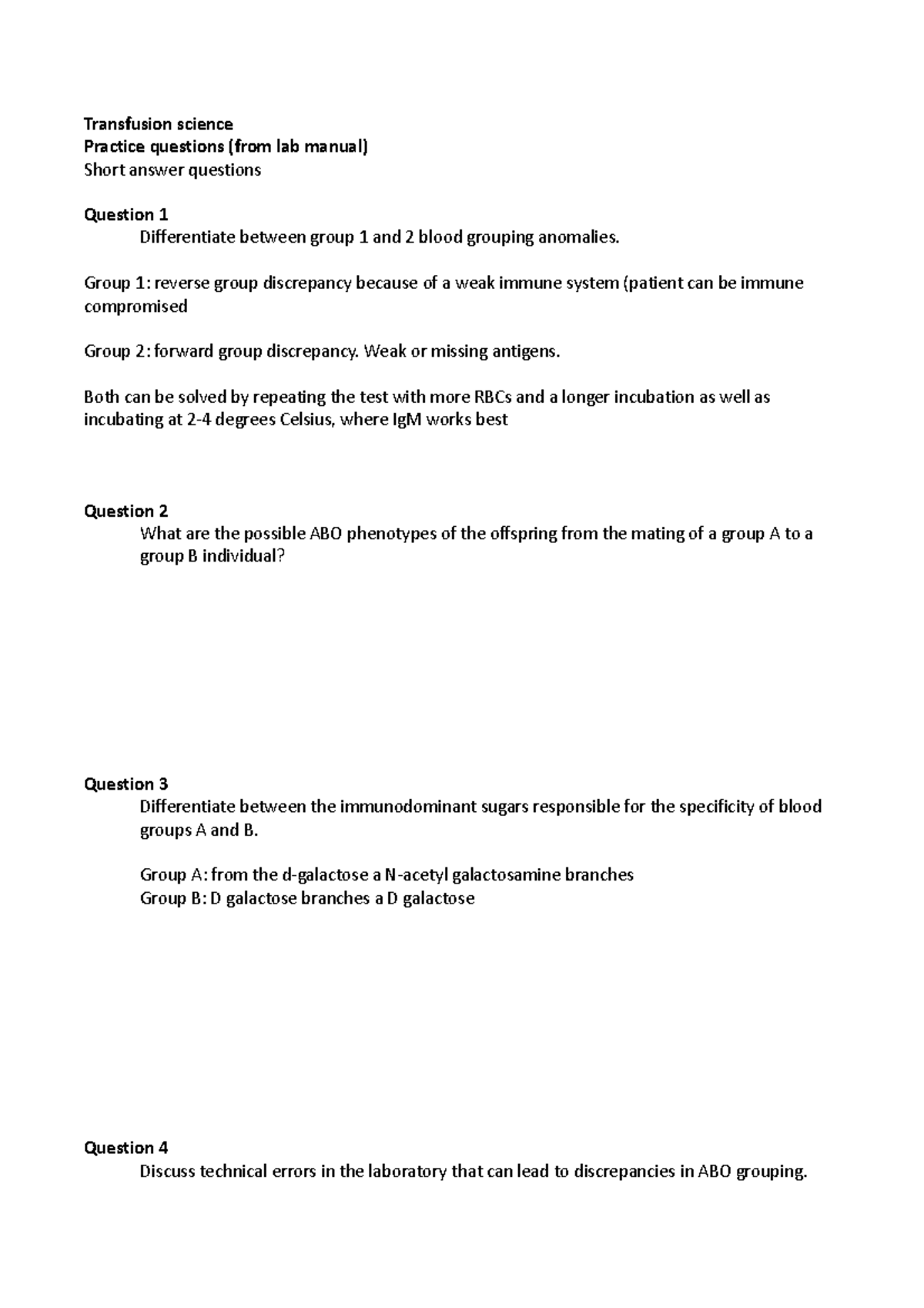 Lab questions for exam - Transfusion science Practice questions (from ...